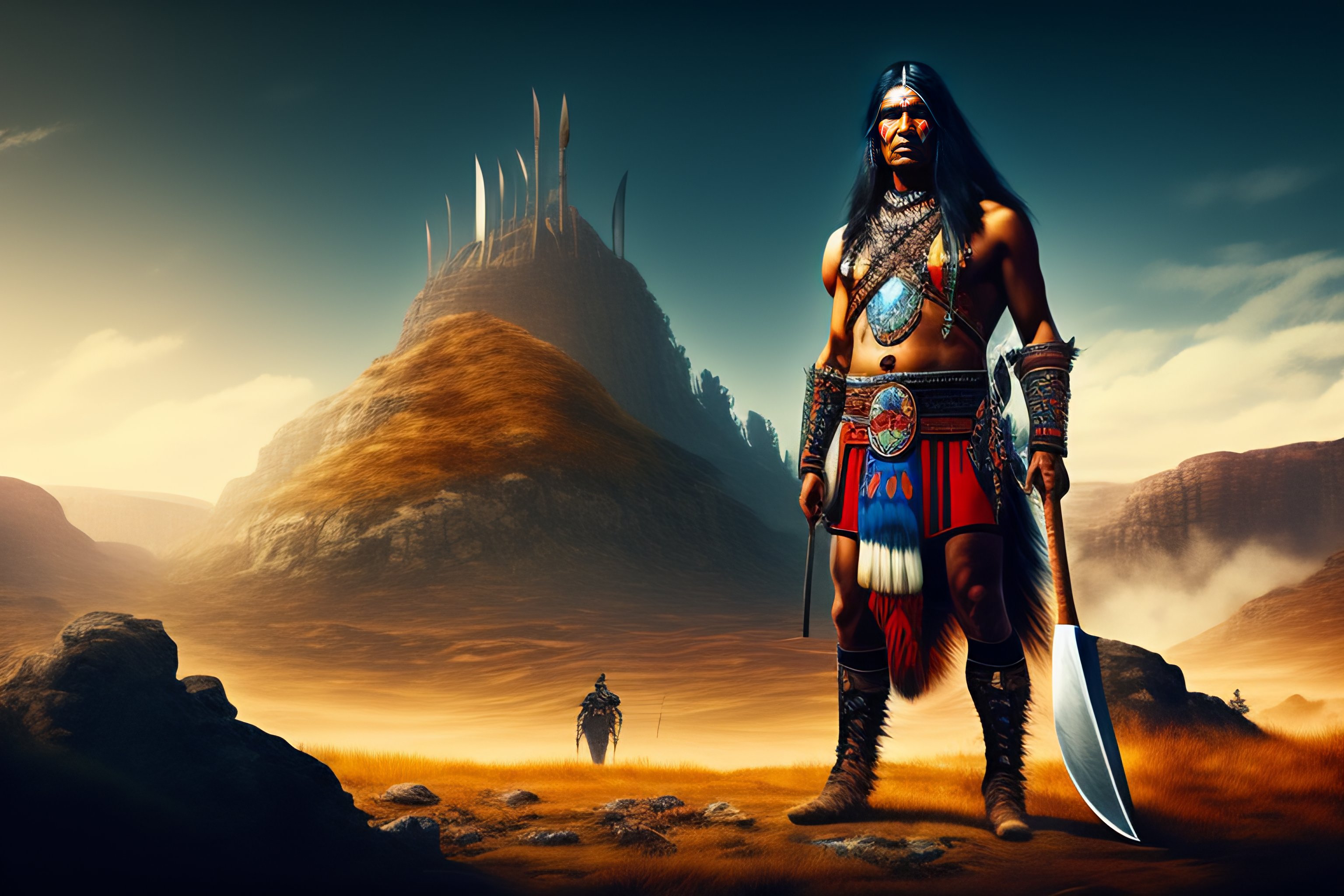 Lexica - Native American indigenous warrior, holding an steel Axe, full ...