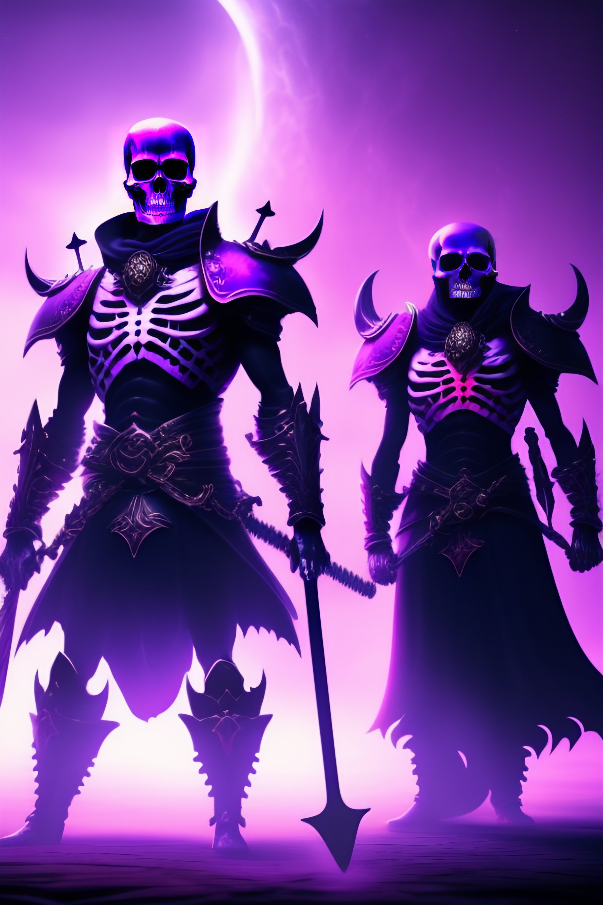 Lexica - Horror. 3 skeletons with long swords. purple mist in ...