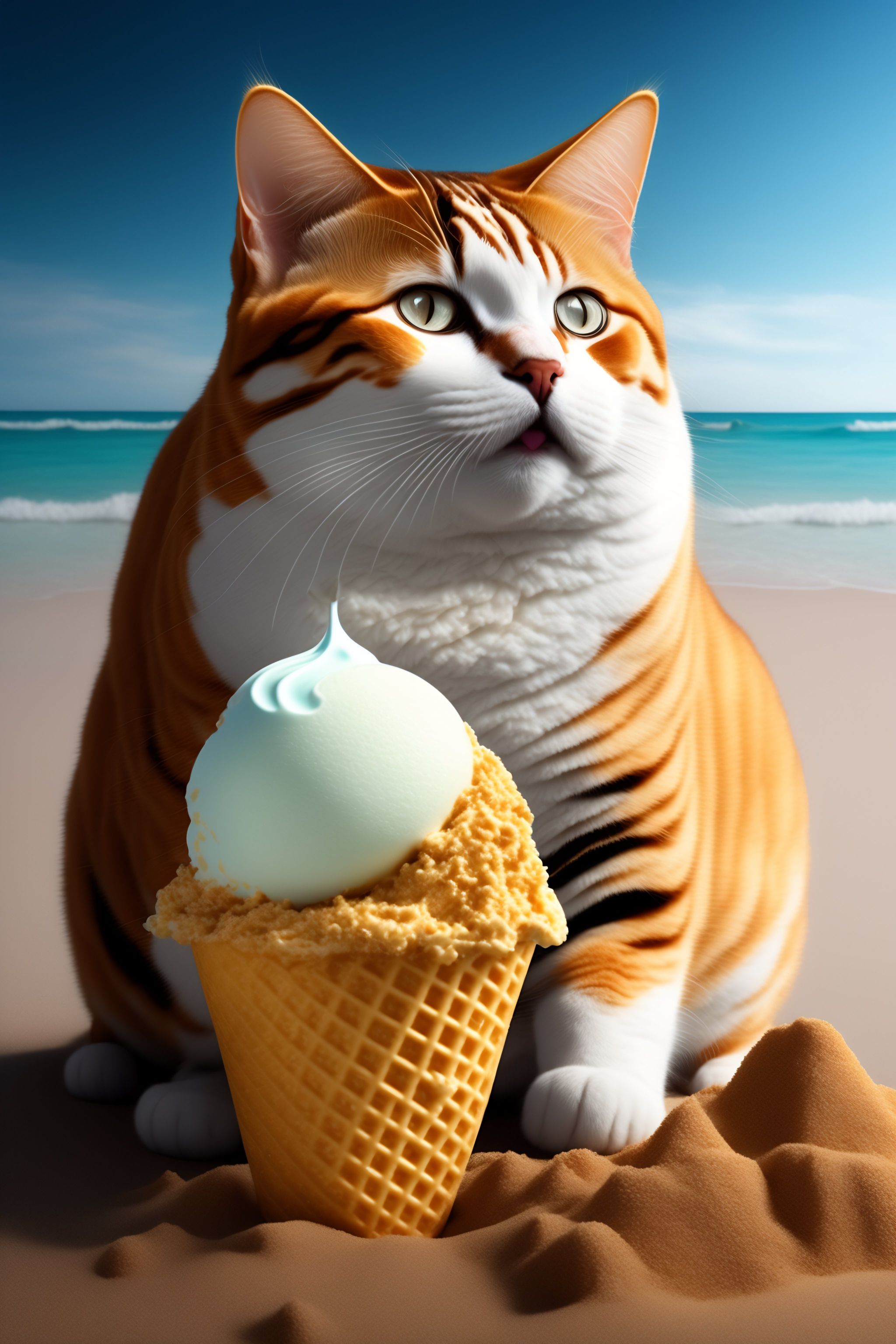 Lexica - Fat cat eating an icecream on the beach. High detail. Hyper ...