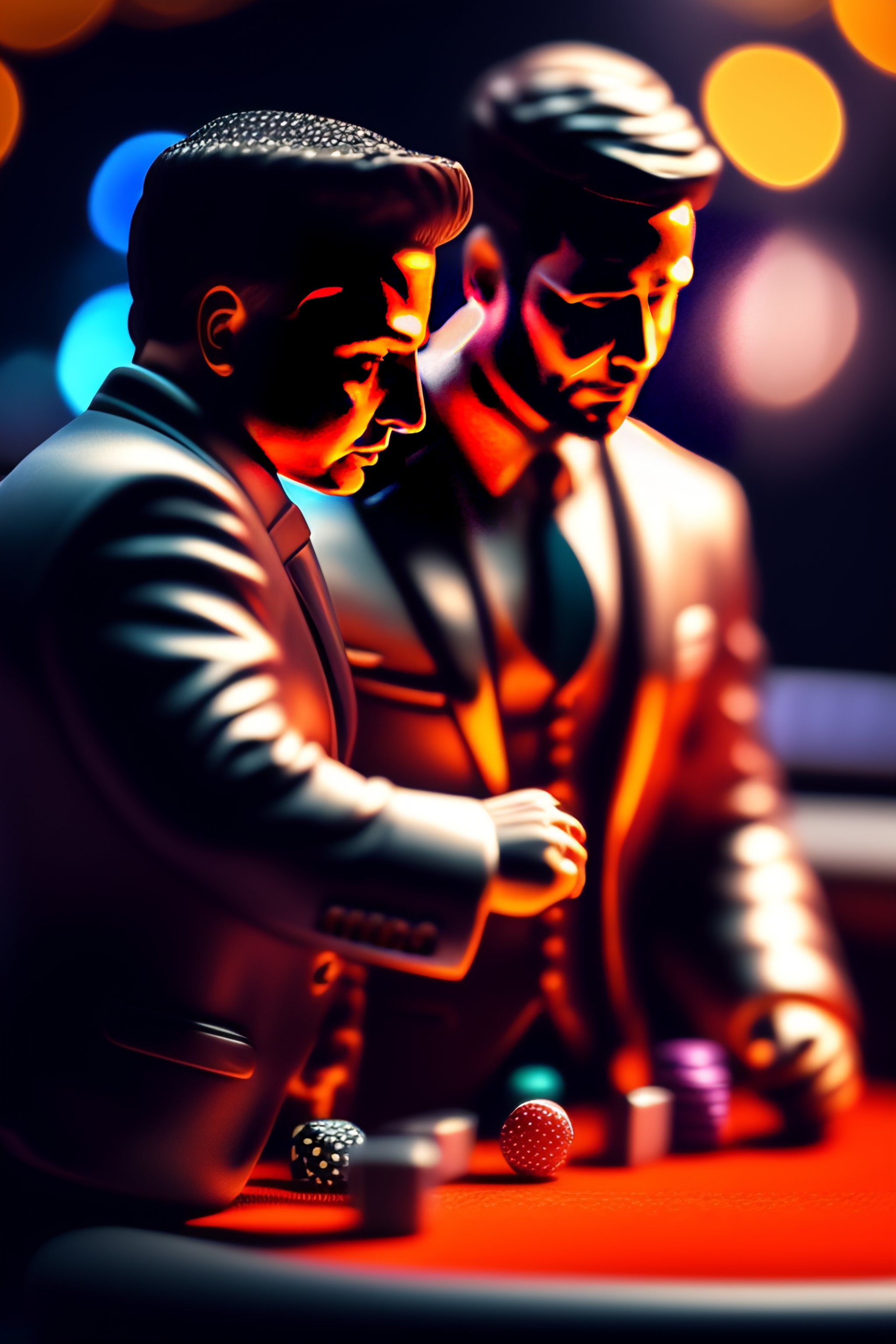 Lexica - Two tiny men dancing on the poker table in vegas, cyberpunk