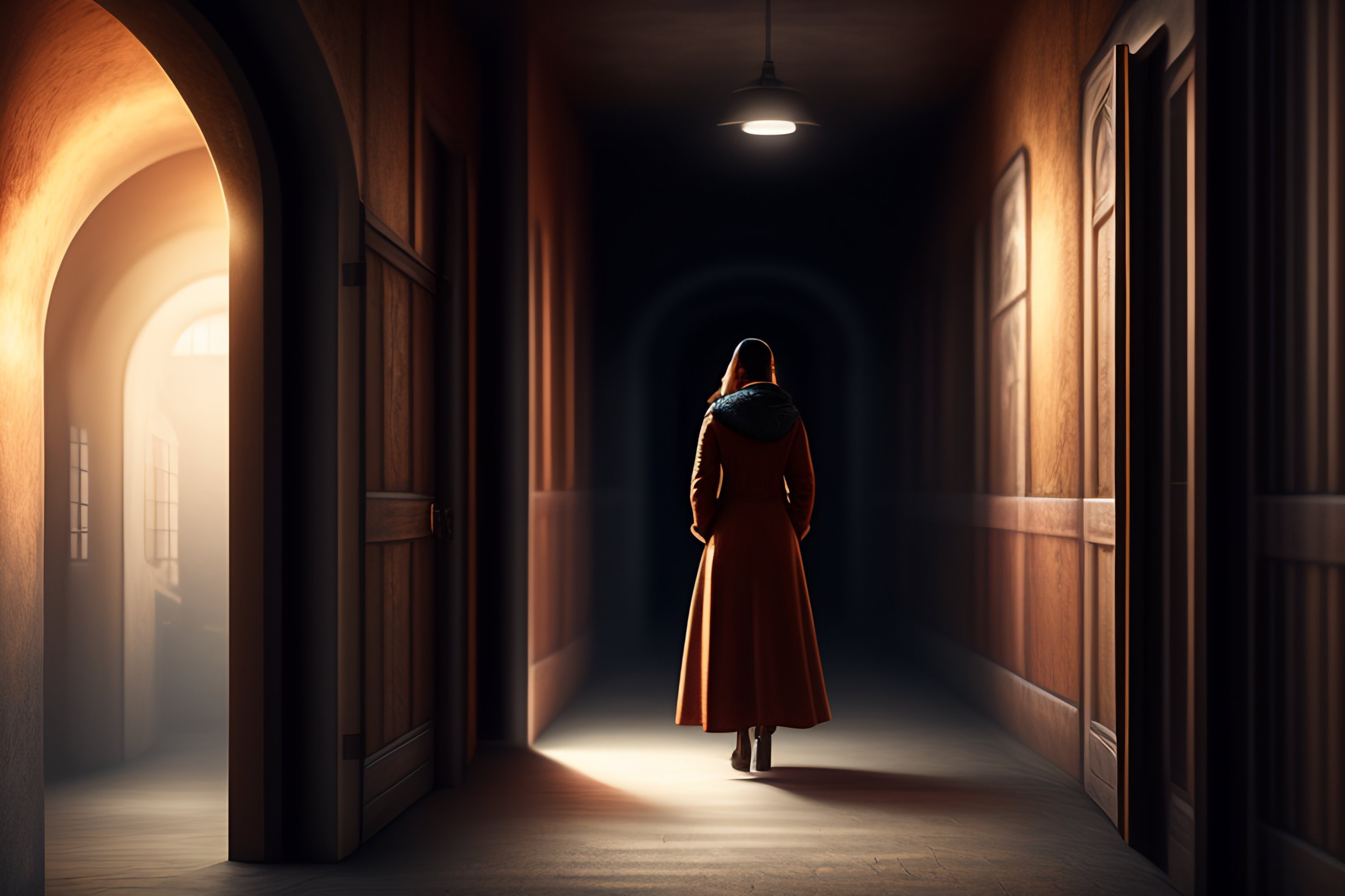 Lexica - Woman standing in a cellar corridor with doors on the left and ...