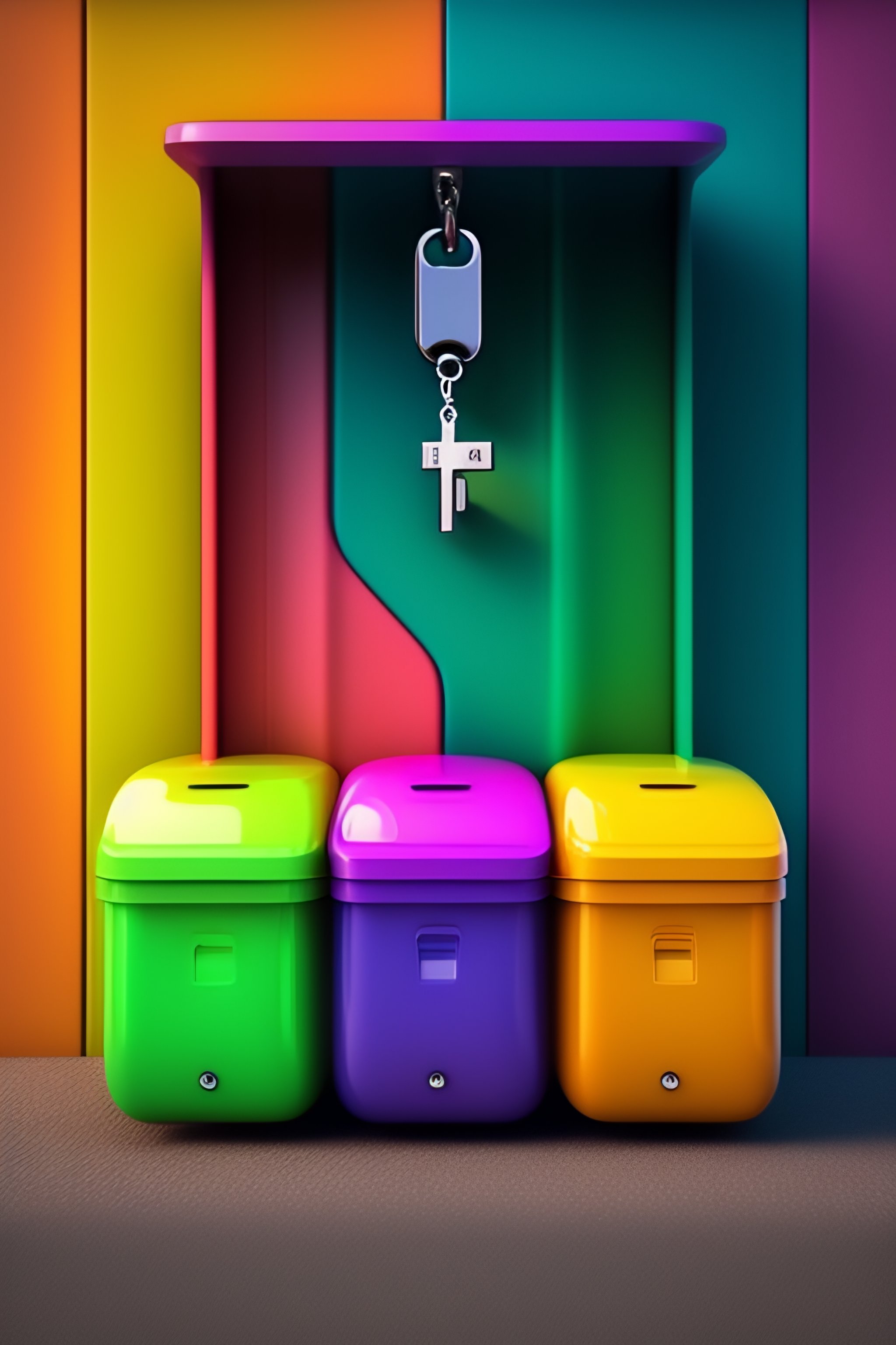 Lexica - 3 colourful anthropomorphic bank boxes, a key hovering in ...