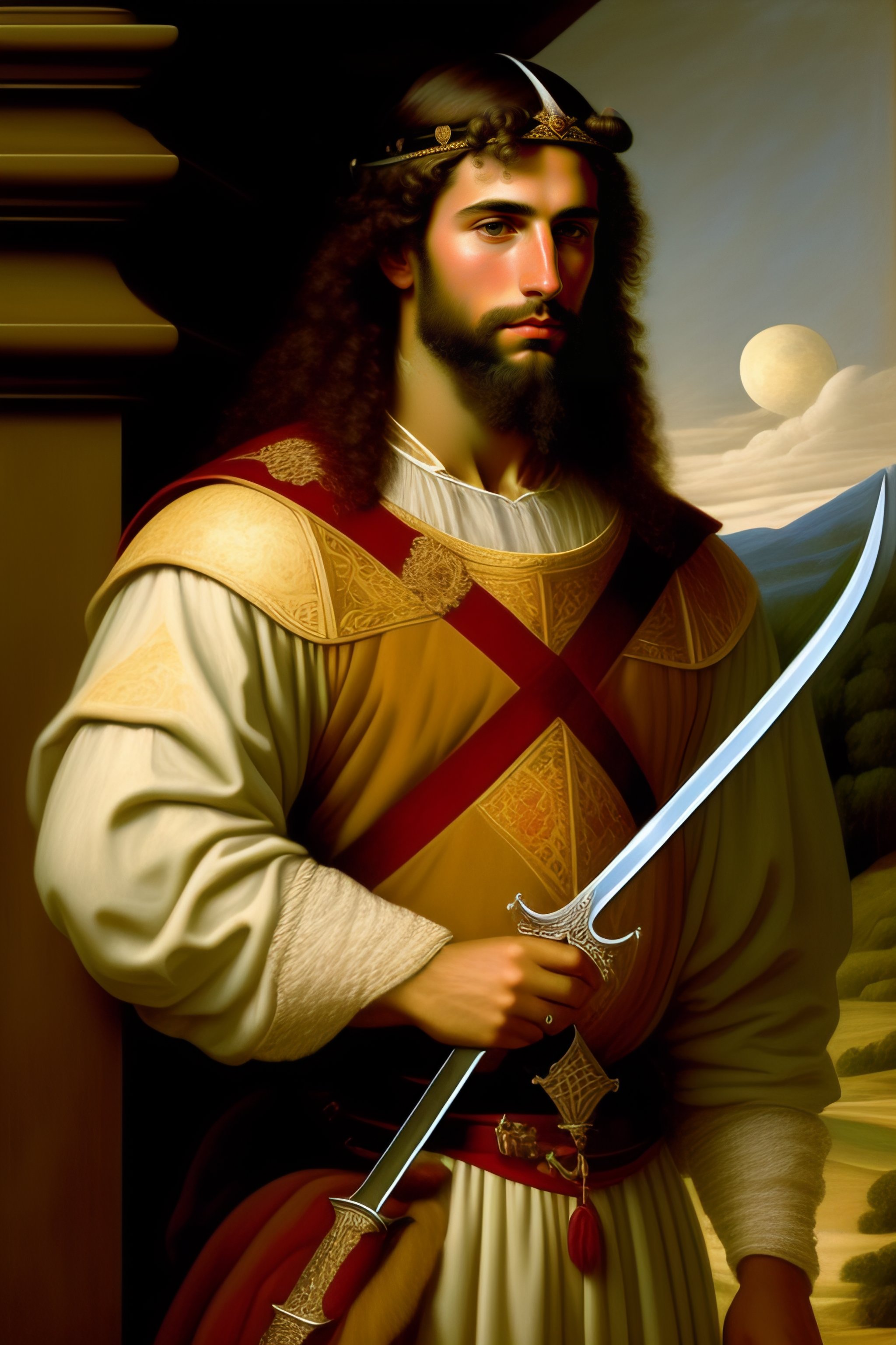 Lexica - Jacob Collins-Levy with sword in medieval style, detailed