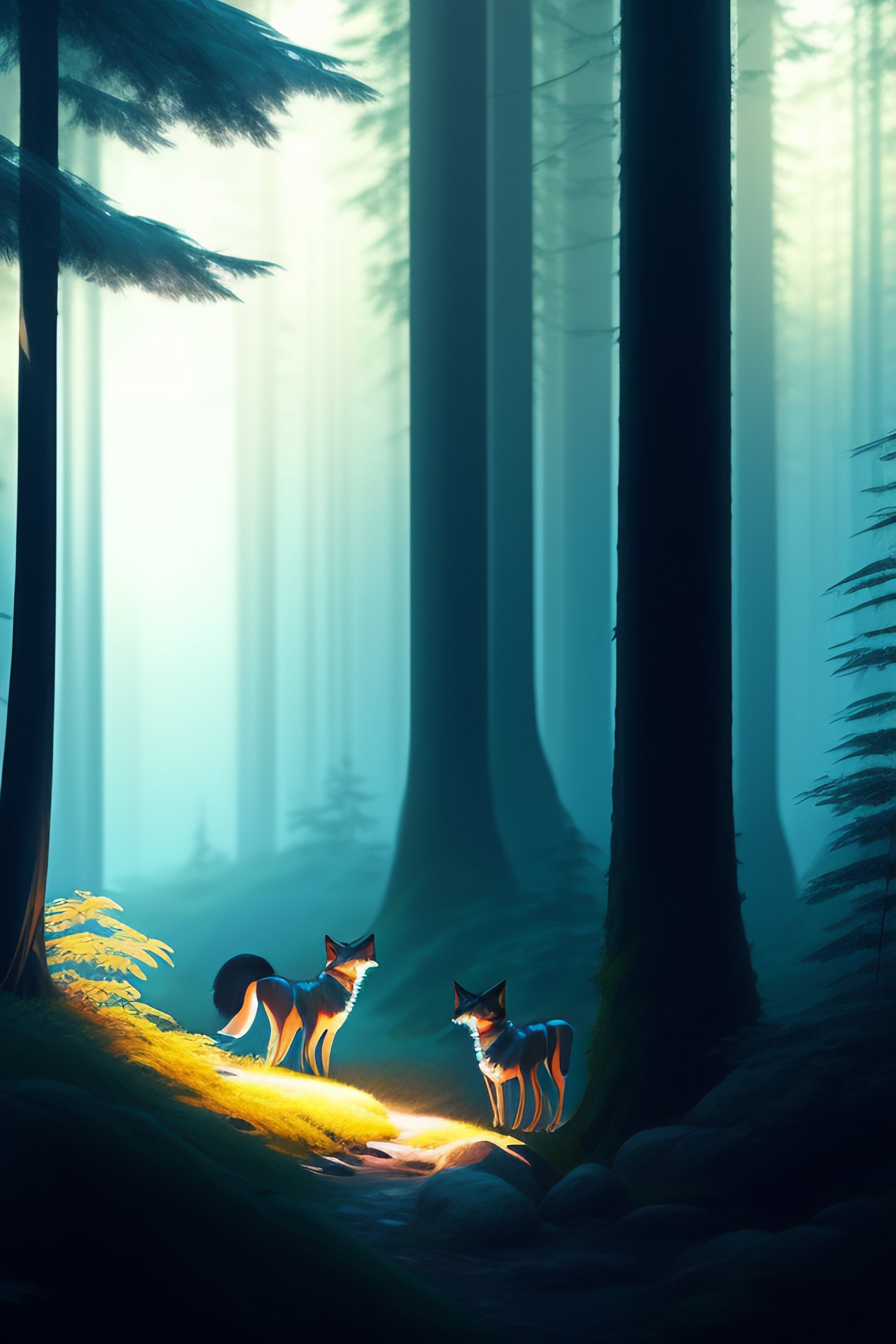 Lexica - Wide shot illustration about 3 little wolves In a forest ...