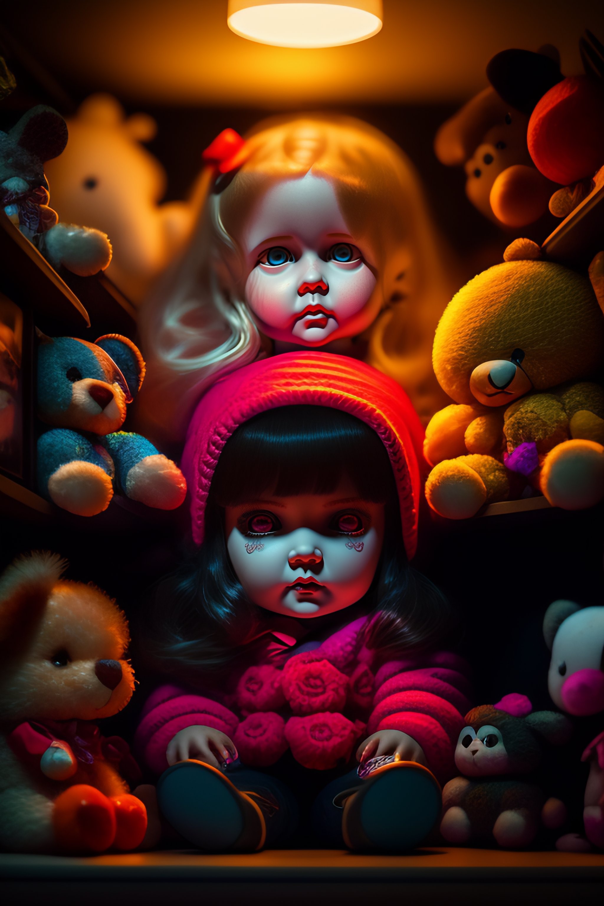 Lexica - A possessed doll with an evil look in her eyes sits among the ...