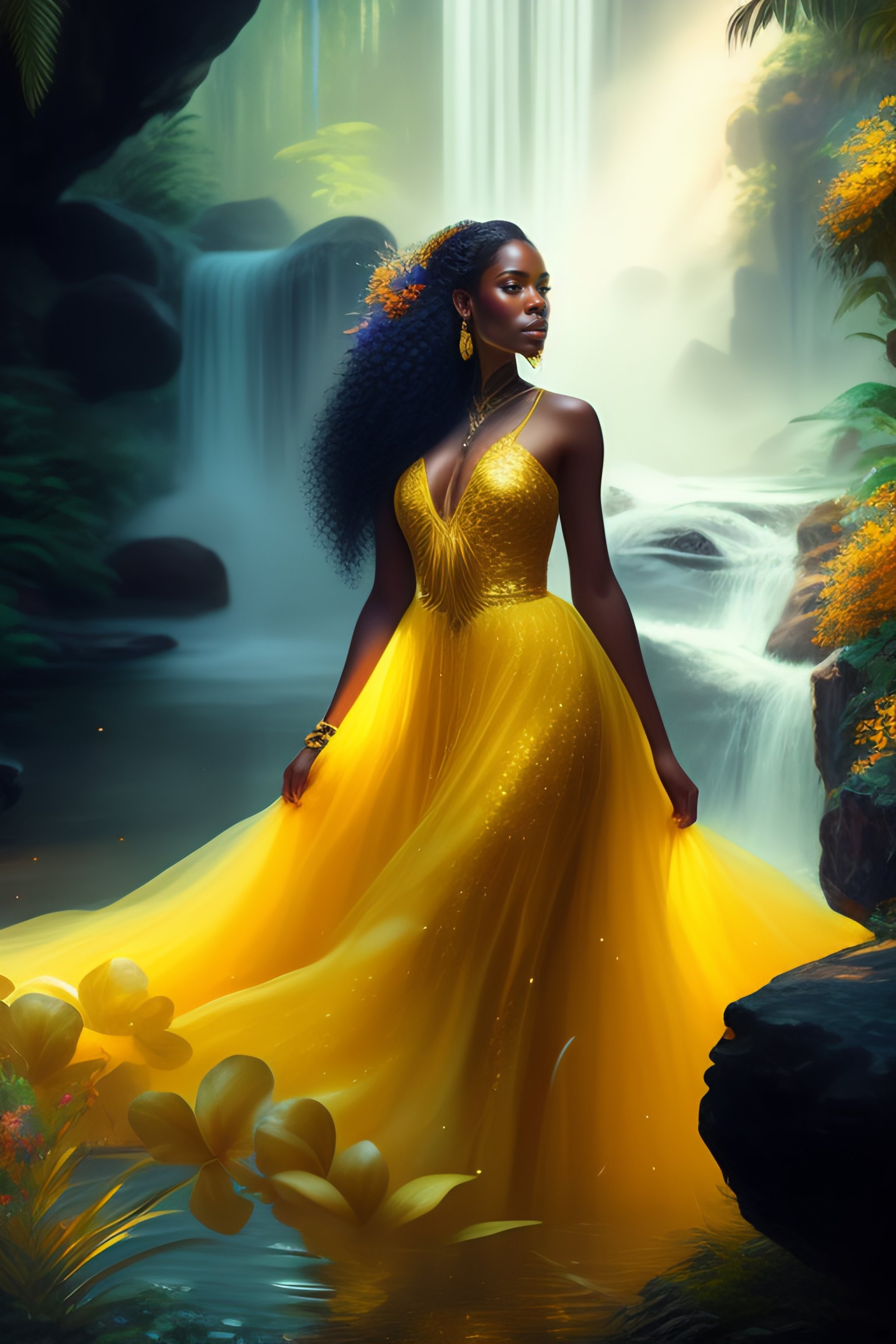 Lexica - Beautiful black princess wearing yellow dress and gold jewelry ...