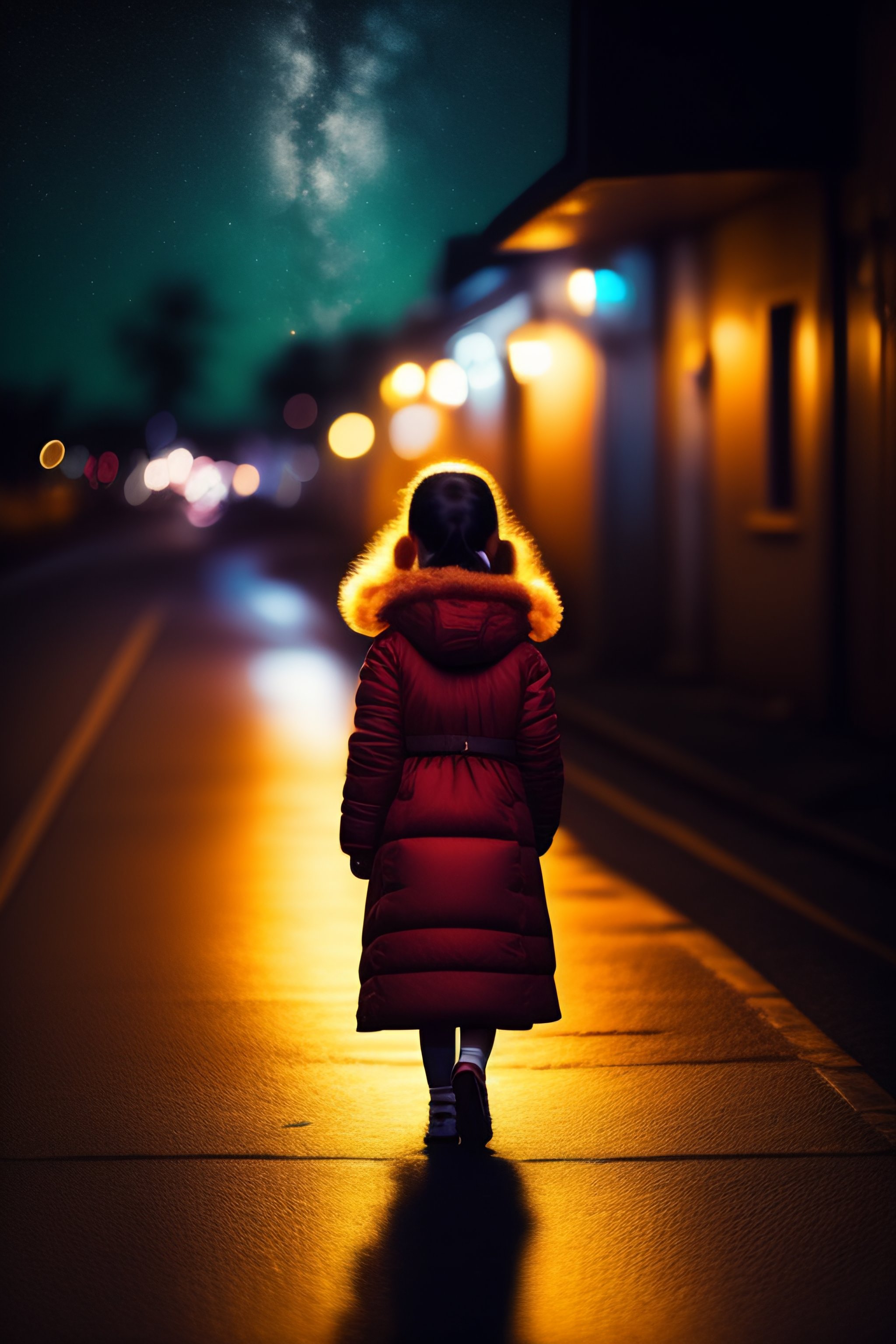 Lexica - In a dark night a little girl walks on the road