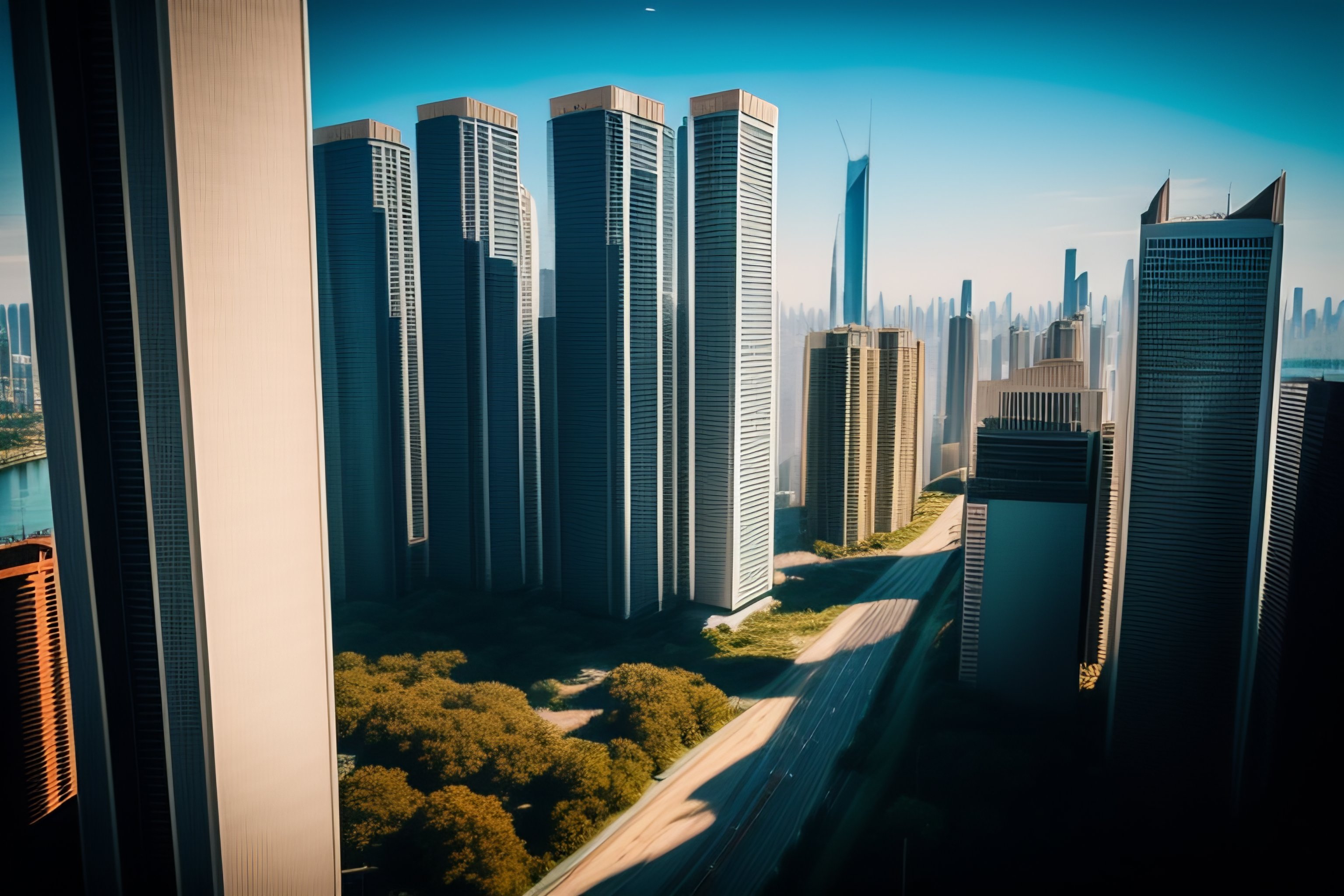 Lexica - Overhead view of a city with tall concrete buildings ...