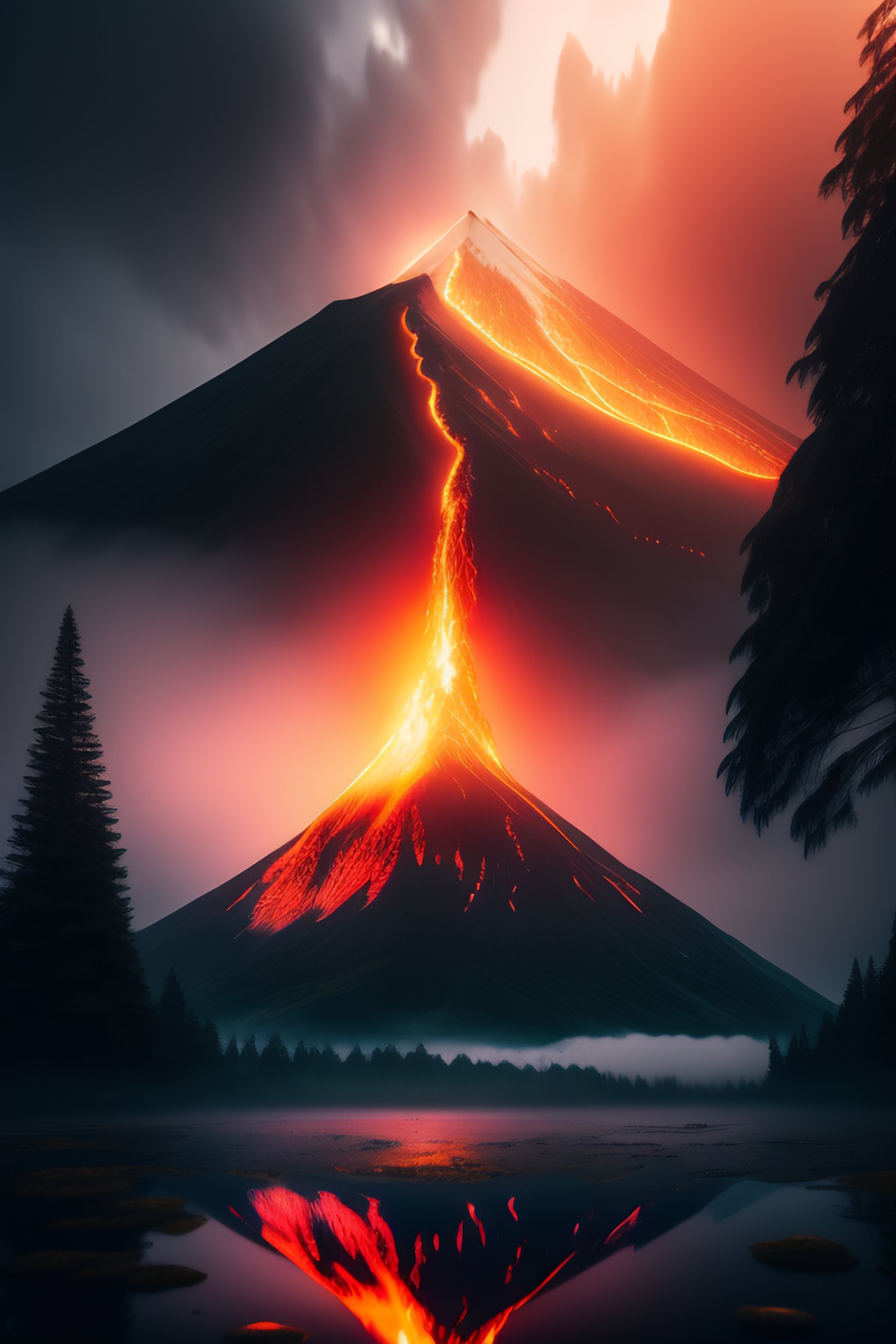 Lexica - A volcano surrounded by a lushy rainy forest rendered in ...