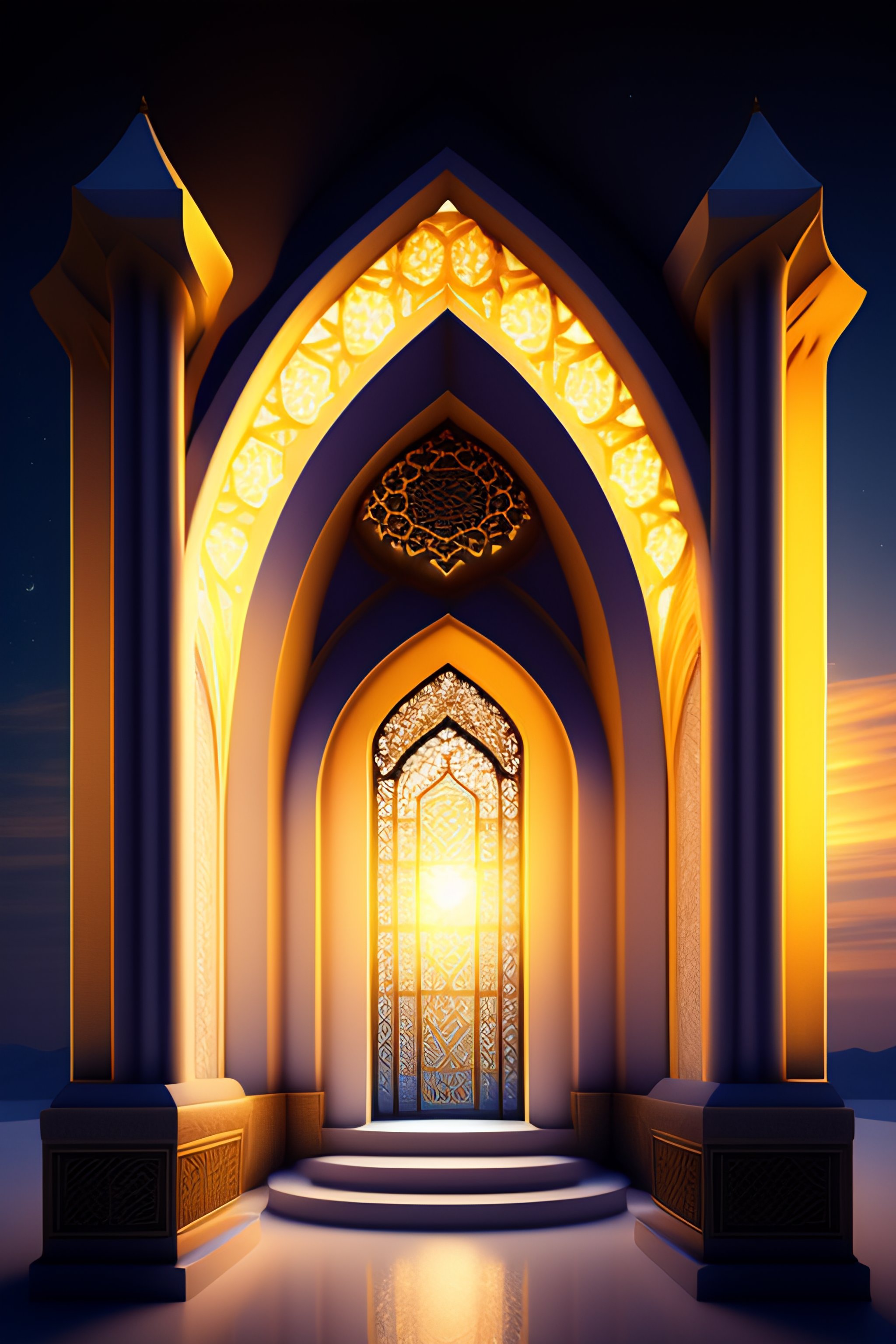 Lexica - Night, symmetrical islamic mosque made of translucent ice ...