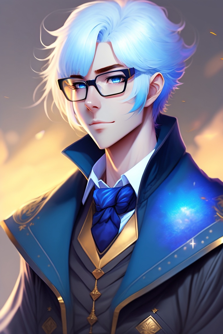 Lexica - Young-professor, blue hair, white hair, black clothes, golden ...