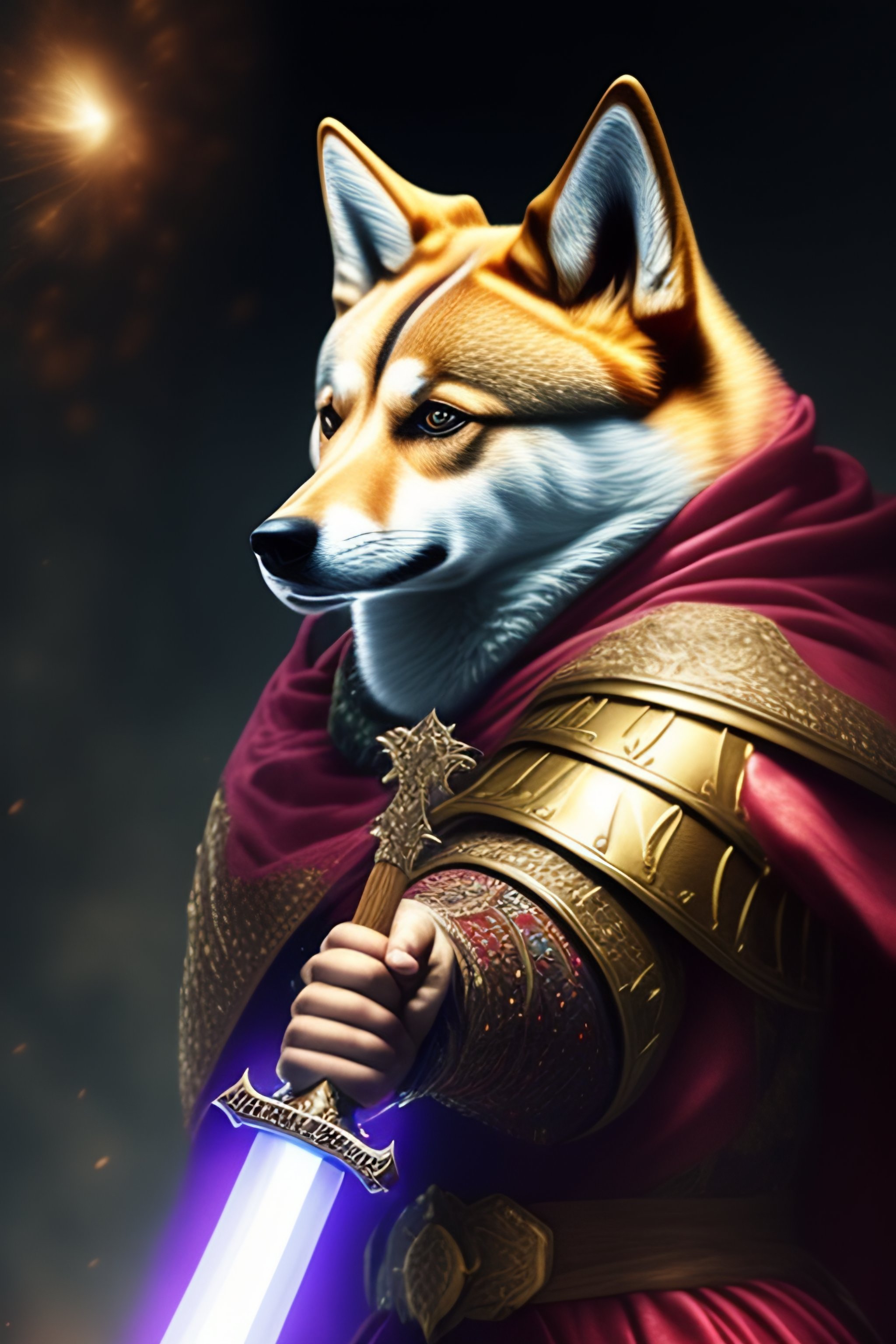 Lexica - A Doge Warrior holding a magic sword.