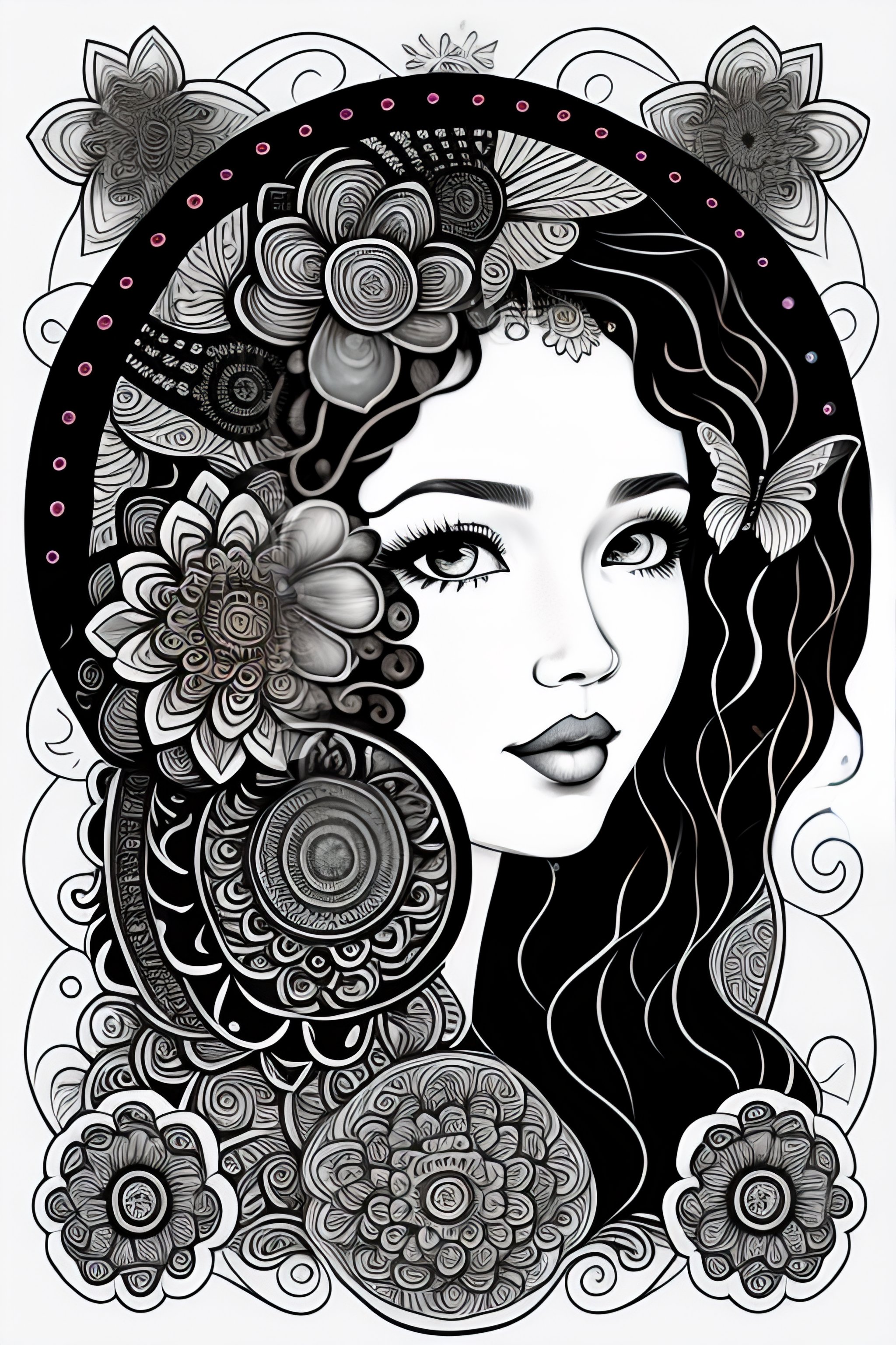 Lexica - Coloring book image, mandala style, curly hair girl, flowers ...