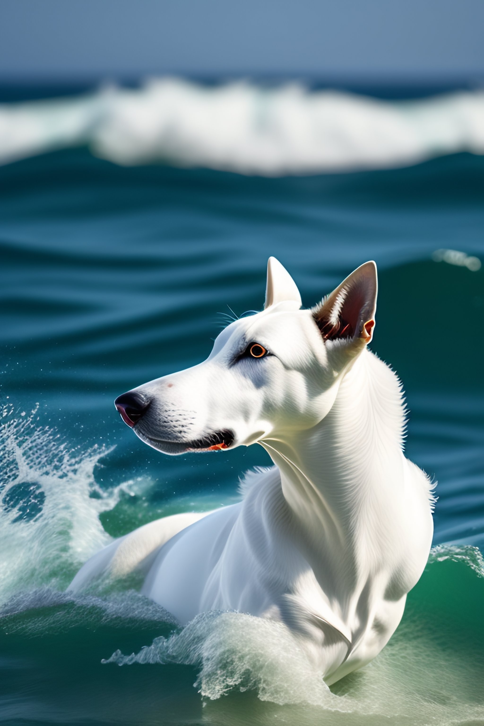 Lexica - Photo of a white greyhound swimming on the sea