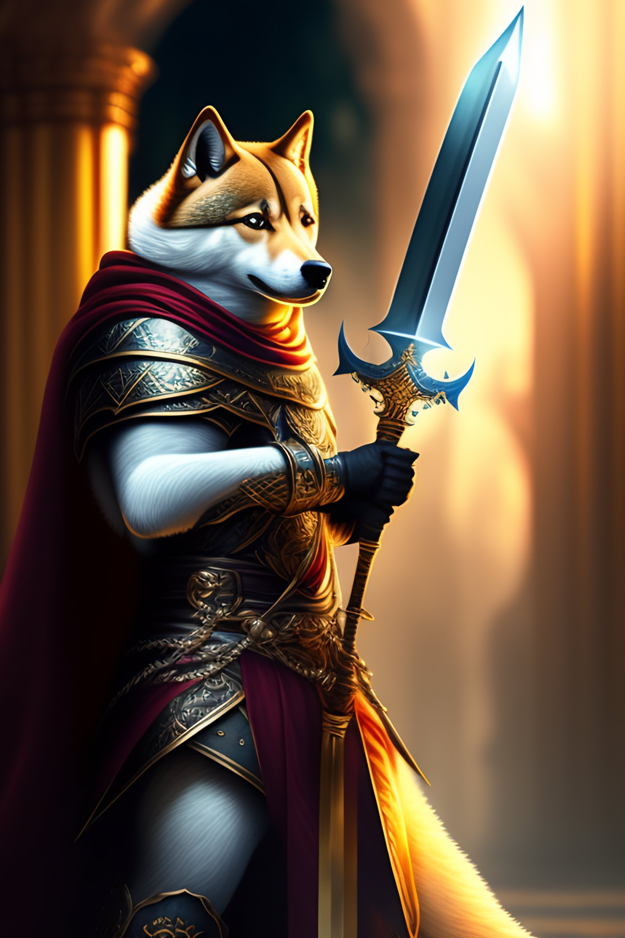 Lexica - A Doge Warrior holding a magic sword.