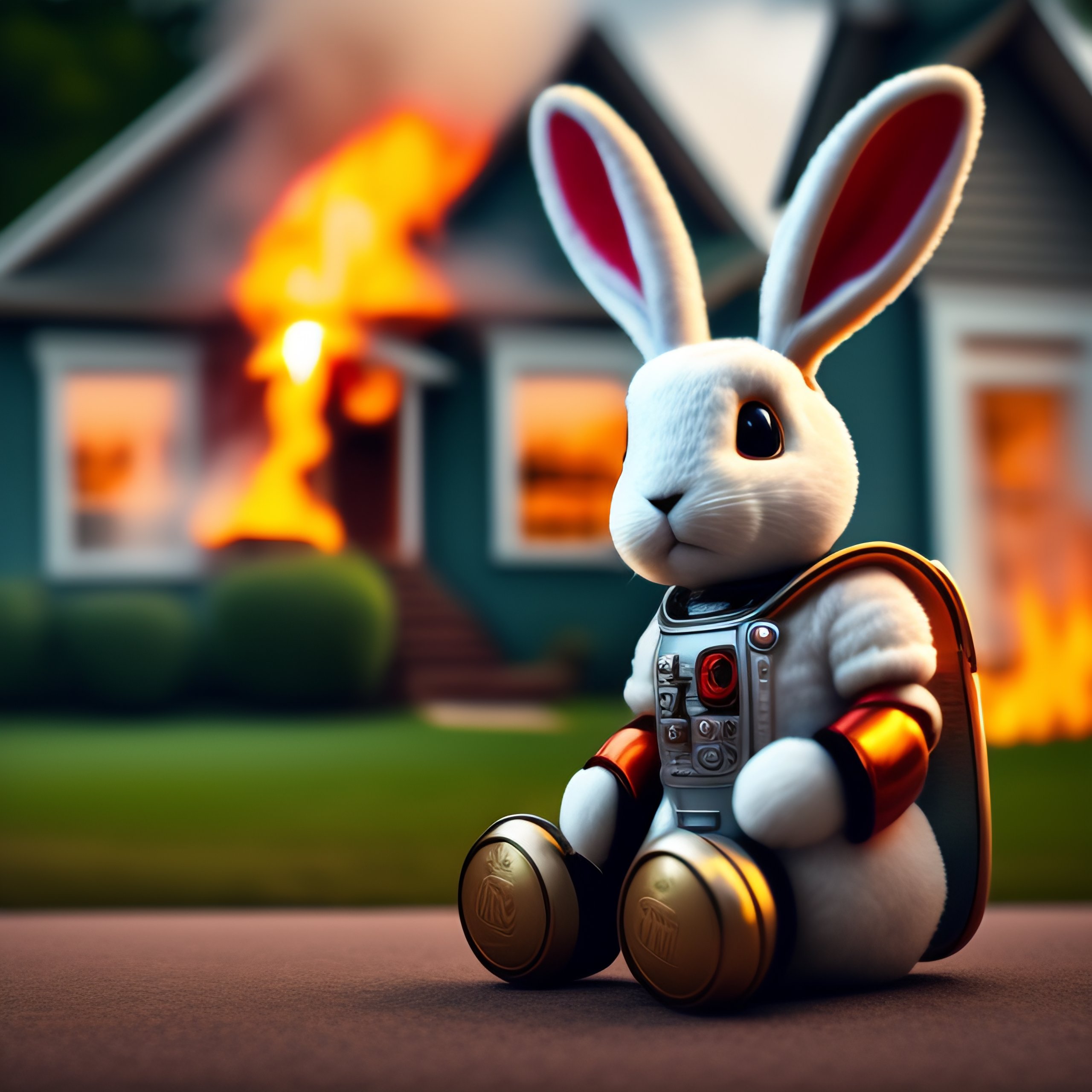 Lexica - Burning bunny robot working on a tablet and sitting in the ...