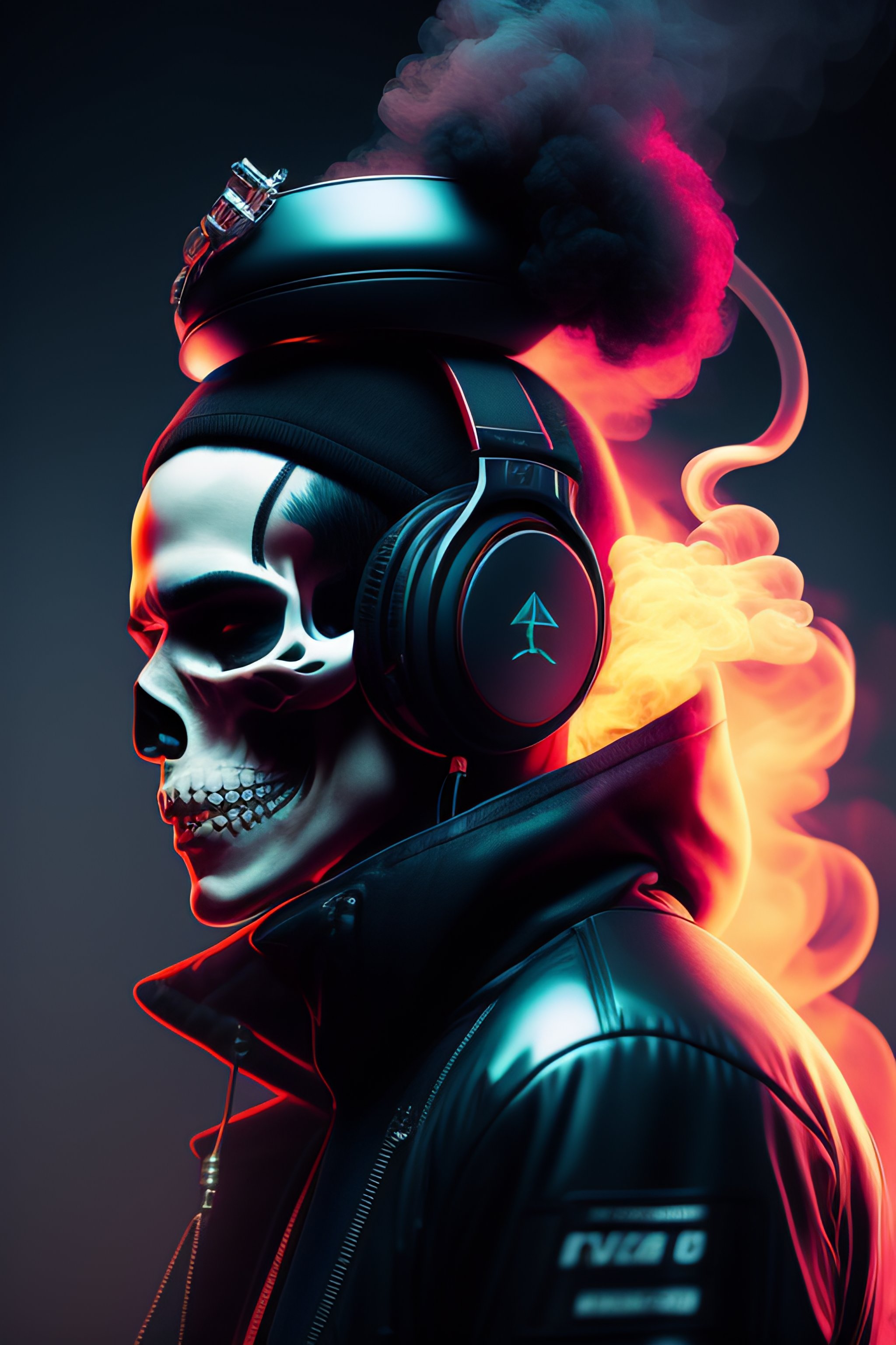 Lexica - Action shot portrait Neo punk skeleton with headphones, smoke ...