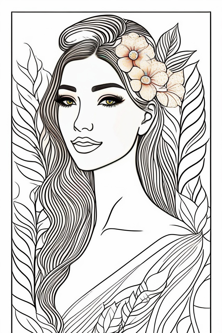 Lexica - Drawing coloring book cute woman with leaves and flowers ...