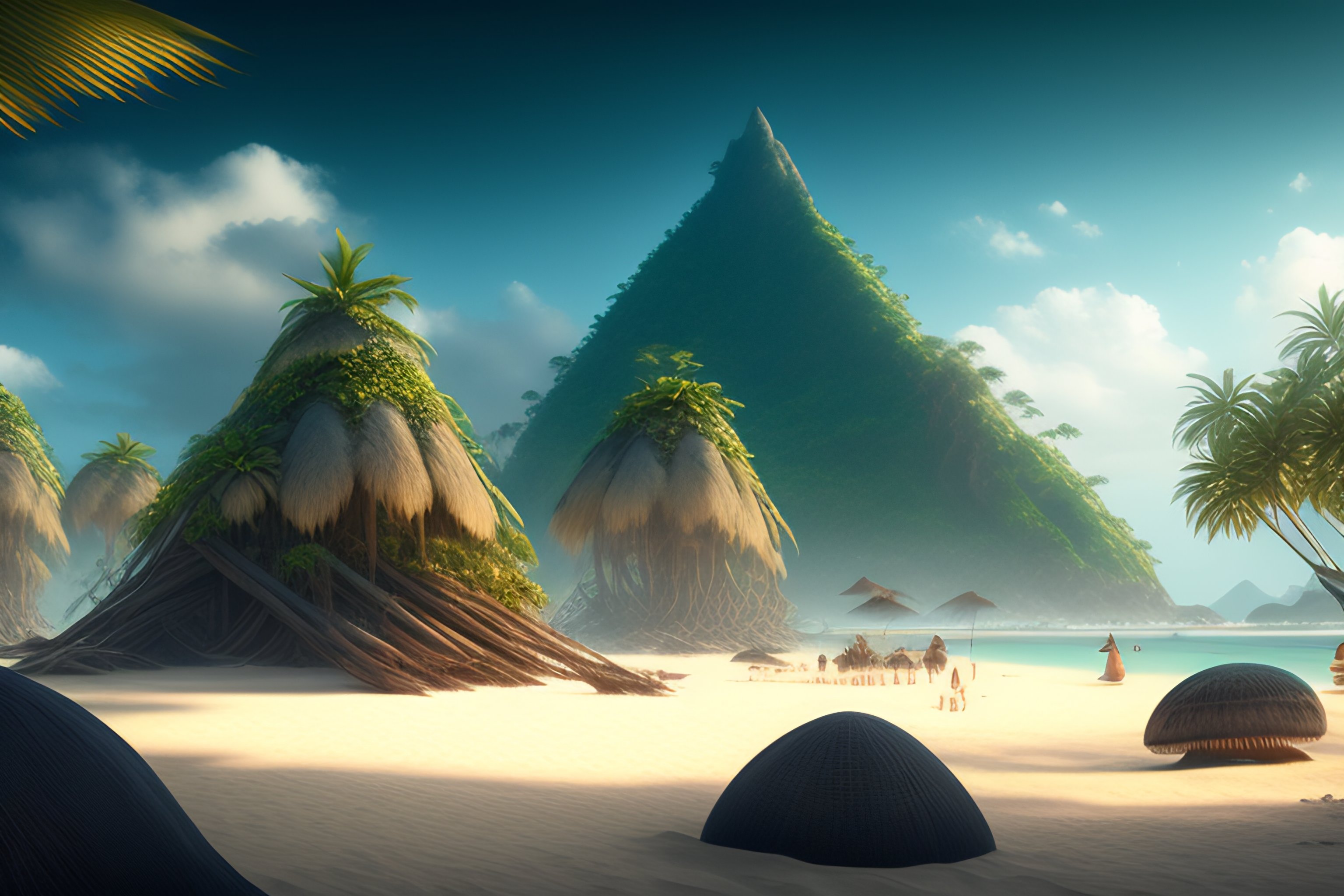 Lexica - Giant elven amerindian hut bamboo on tropical island beach ...