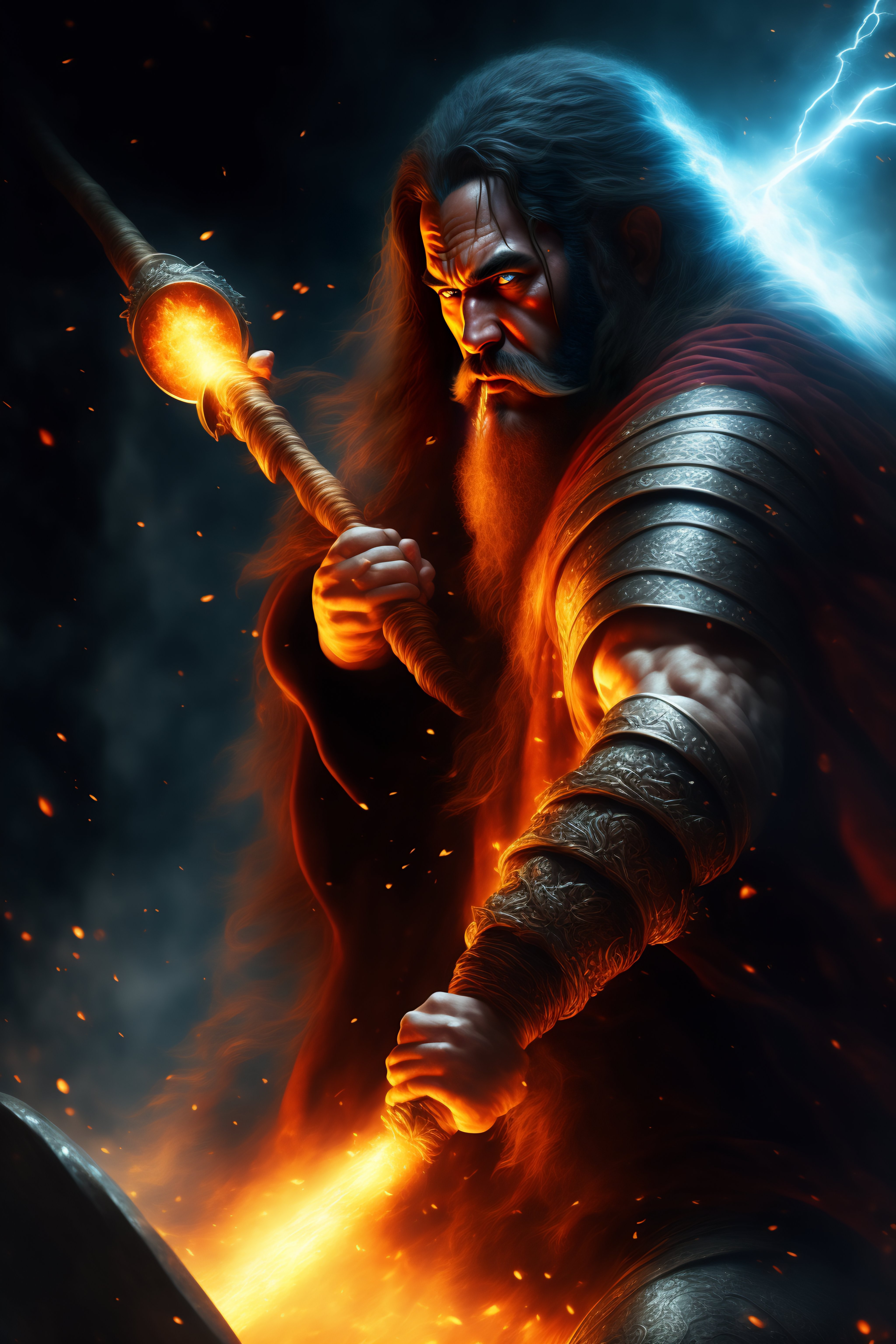 Lexica - Wizard with a staff fightning with orcs inside a cave ...