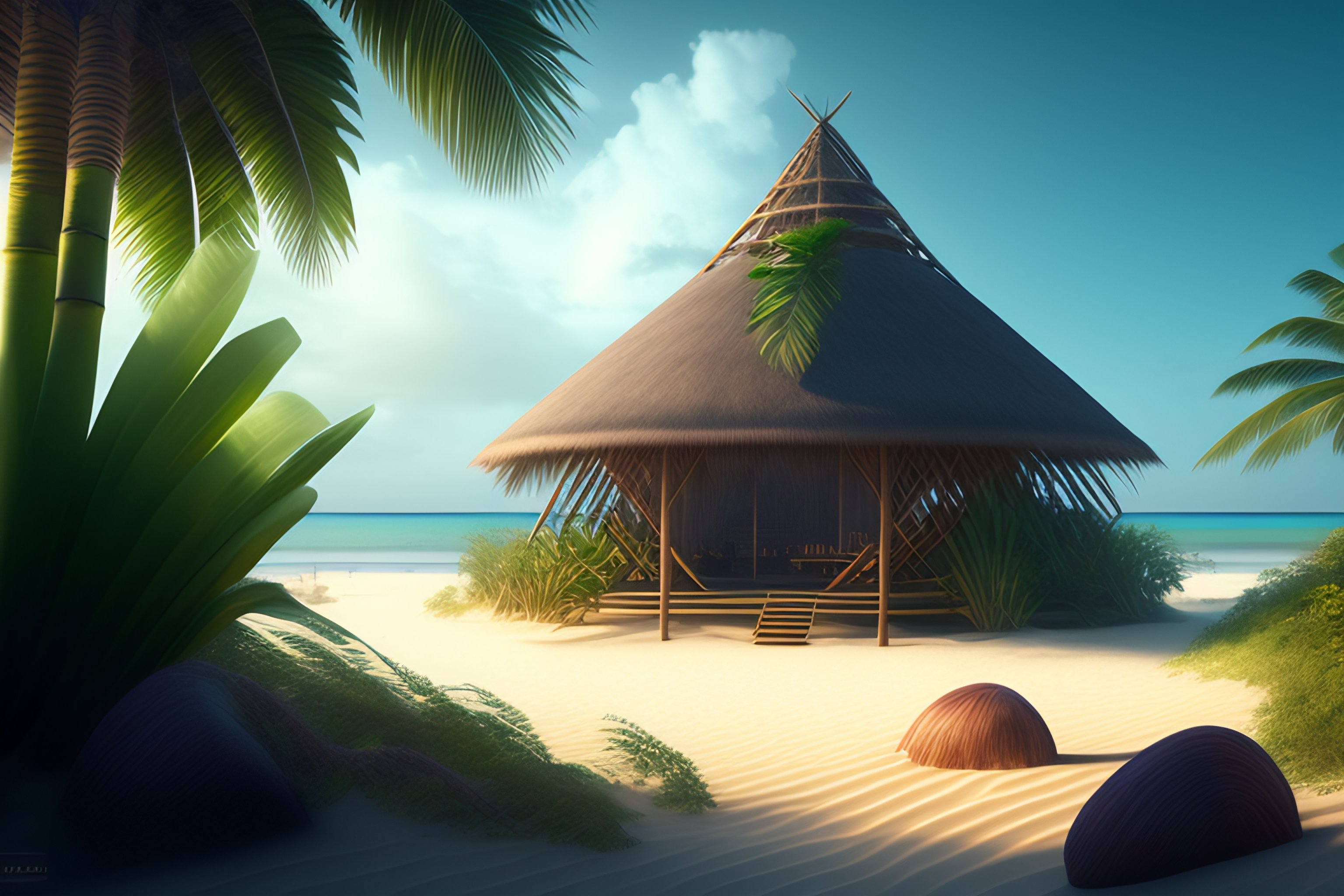 Lexica - Giant hut bamboo on tropical island beach yucca giant shells ...