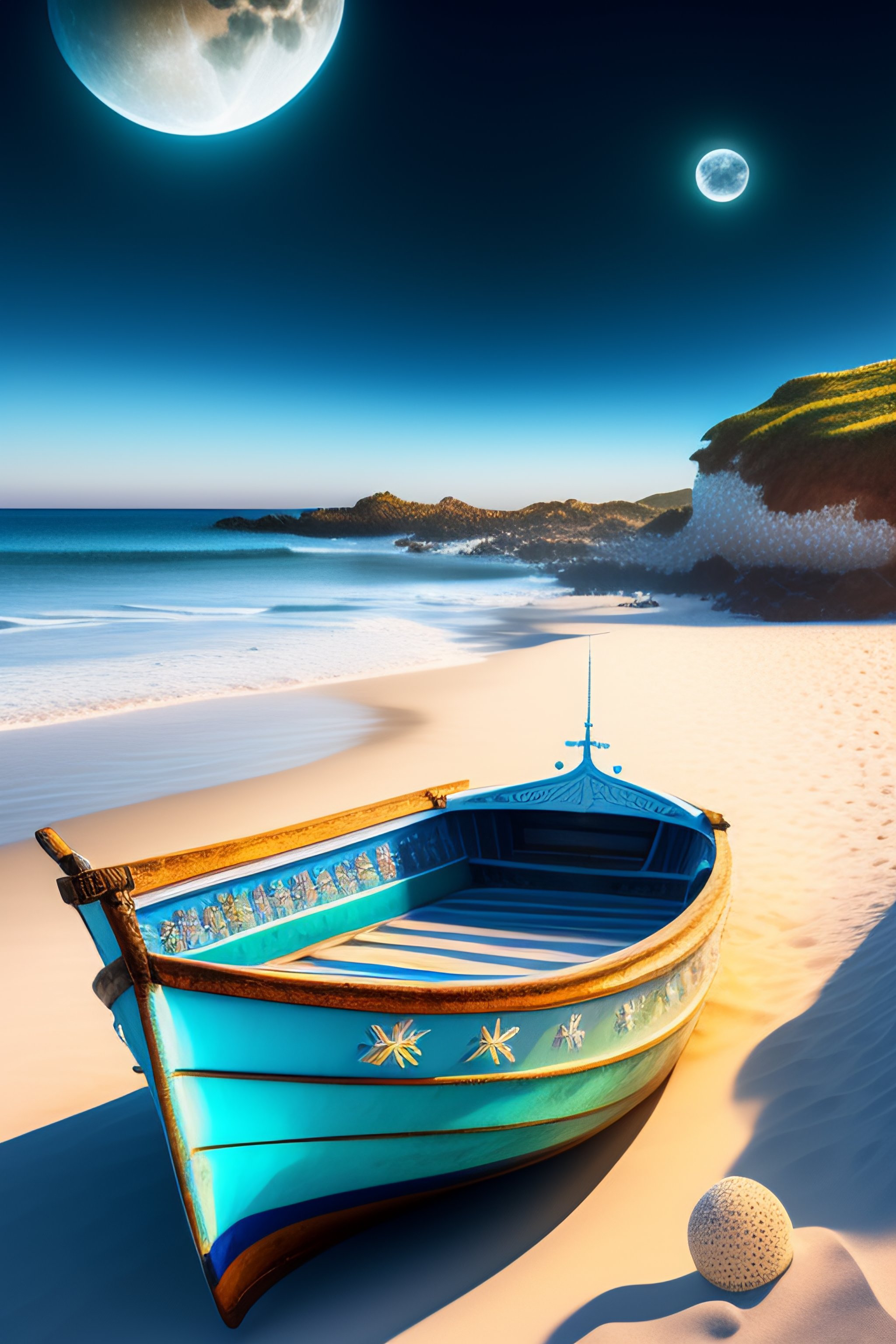 Lexica - Beautiful several small white and blue boats on the sand with ...