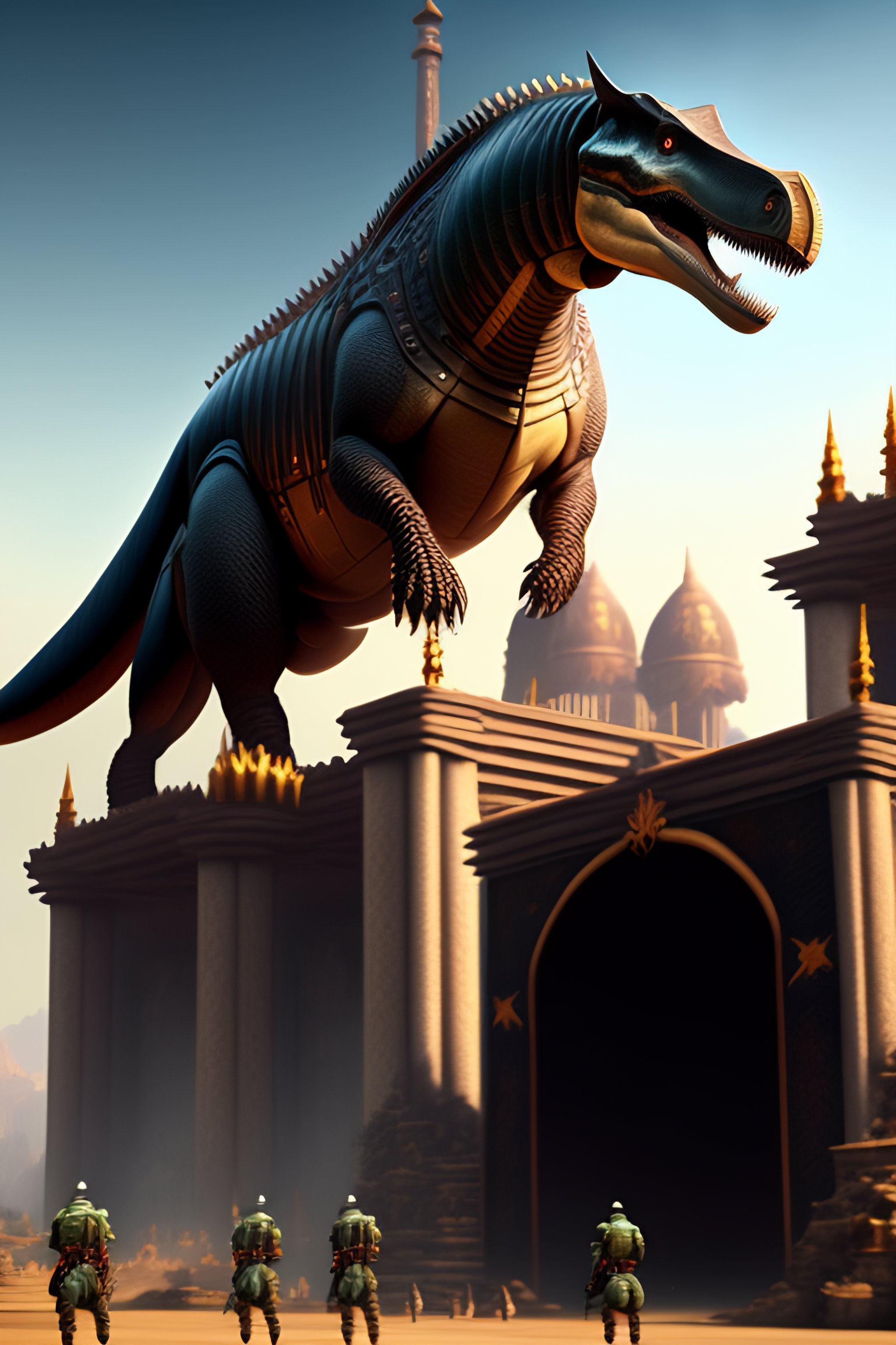 Lexica - An armoured humanoid tyrannosaurus rex standing looking over ...