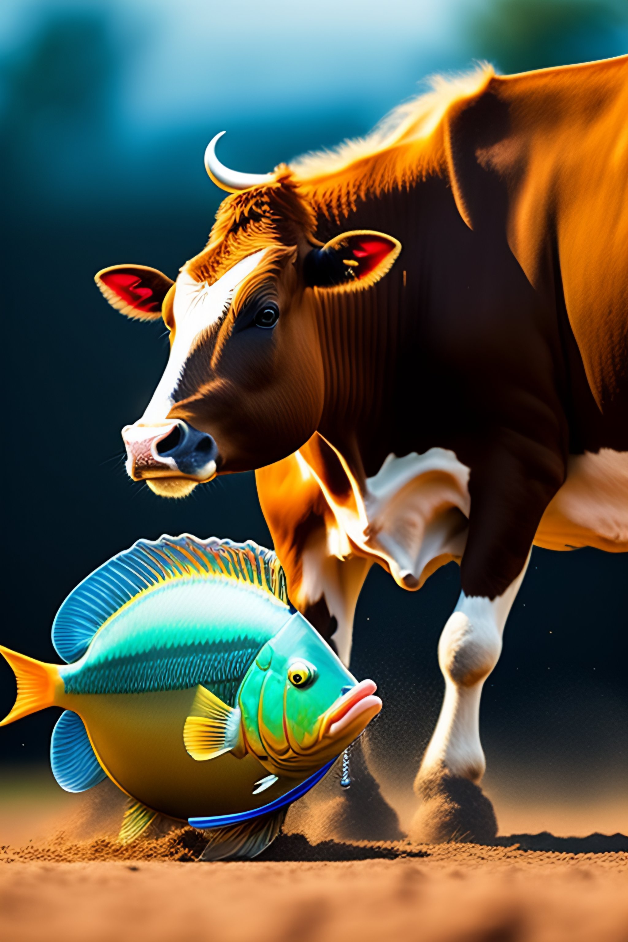 Lexica - I need a picture of a cow fighting with a fish, where the cow ...