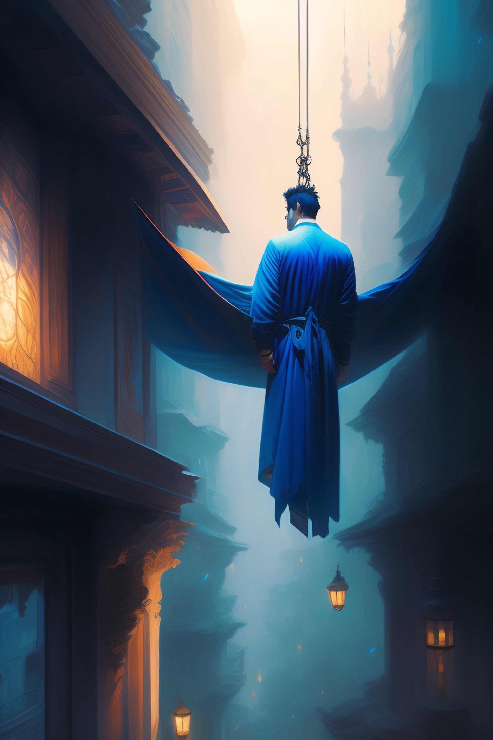 Lexica - A man with a blue robe hanging upside-down FROM THE ROOF by tsuyoshi nagano, greg ...
