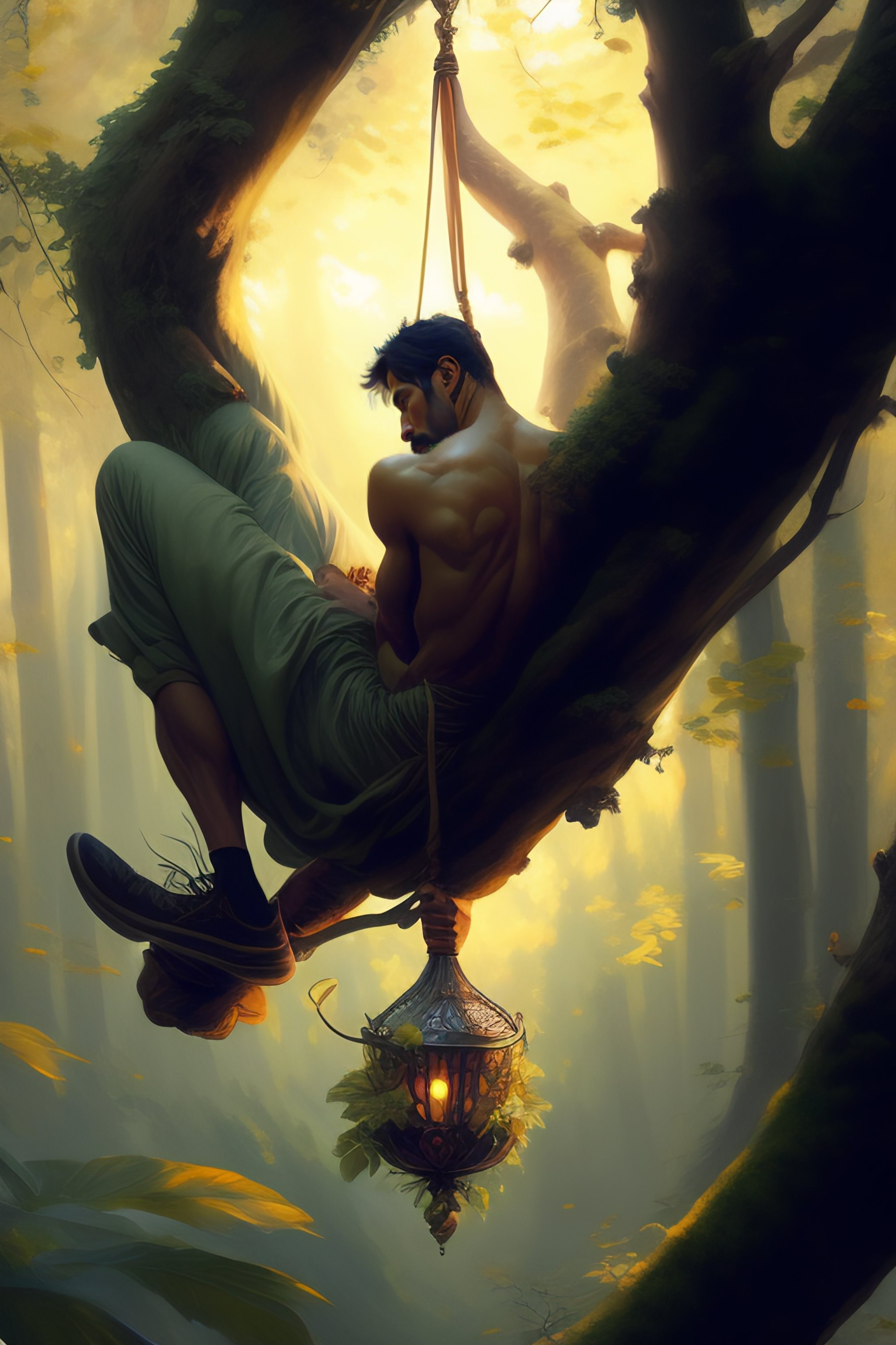 Lexica - A robbed man hanging upside-down from a tree branch by tsuyoshi nagano, greg rutkowski ...