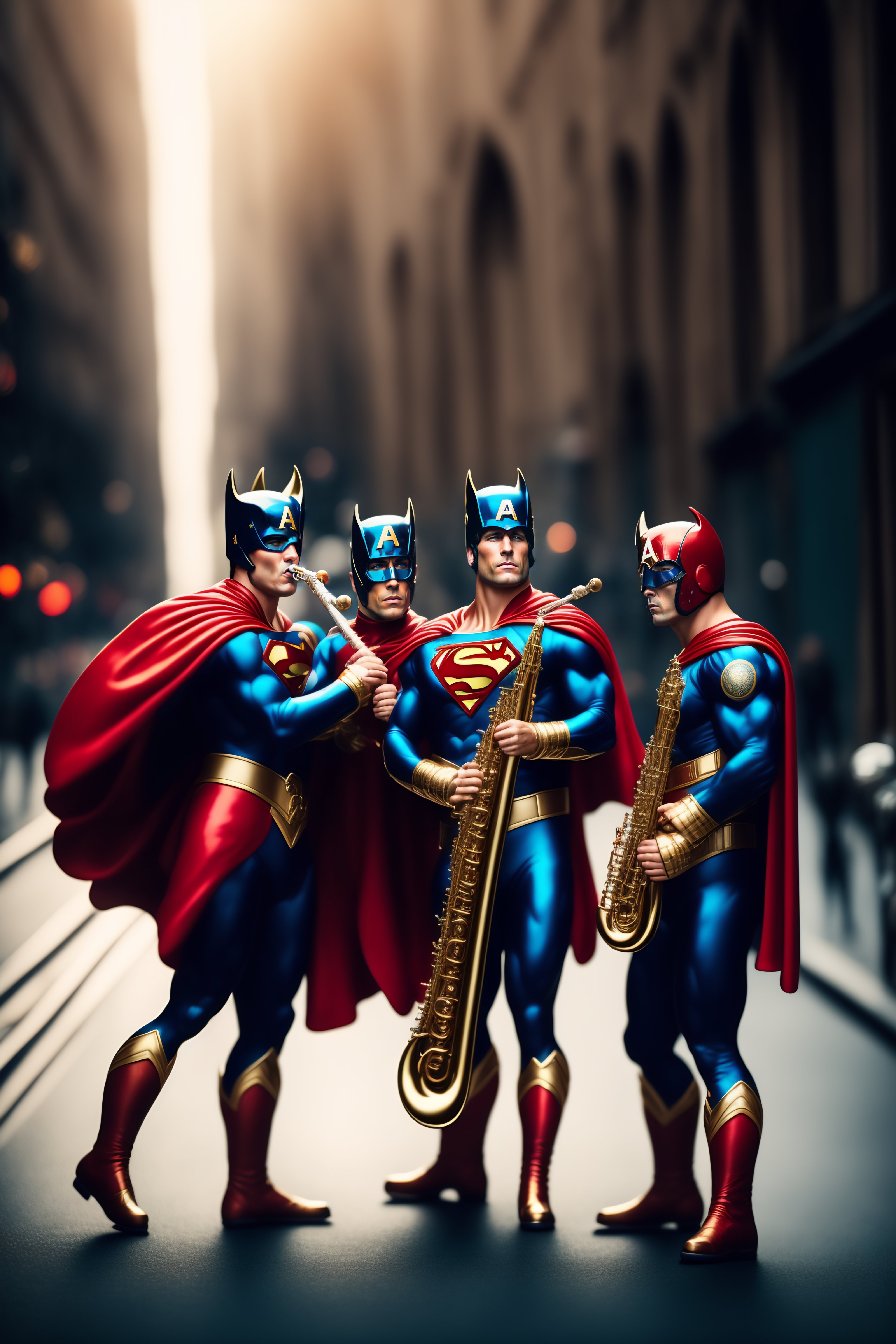 Lexica - Photo of four superheroes playing saxophone in the streets