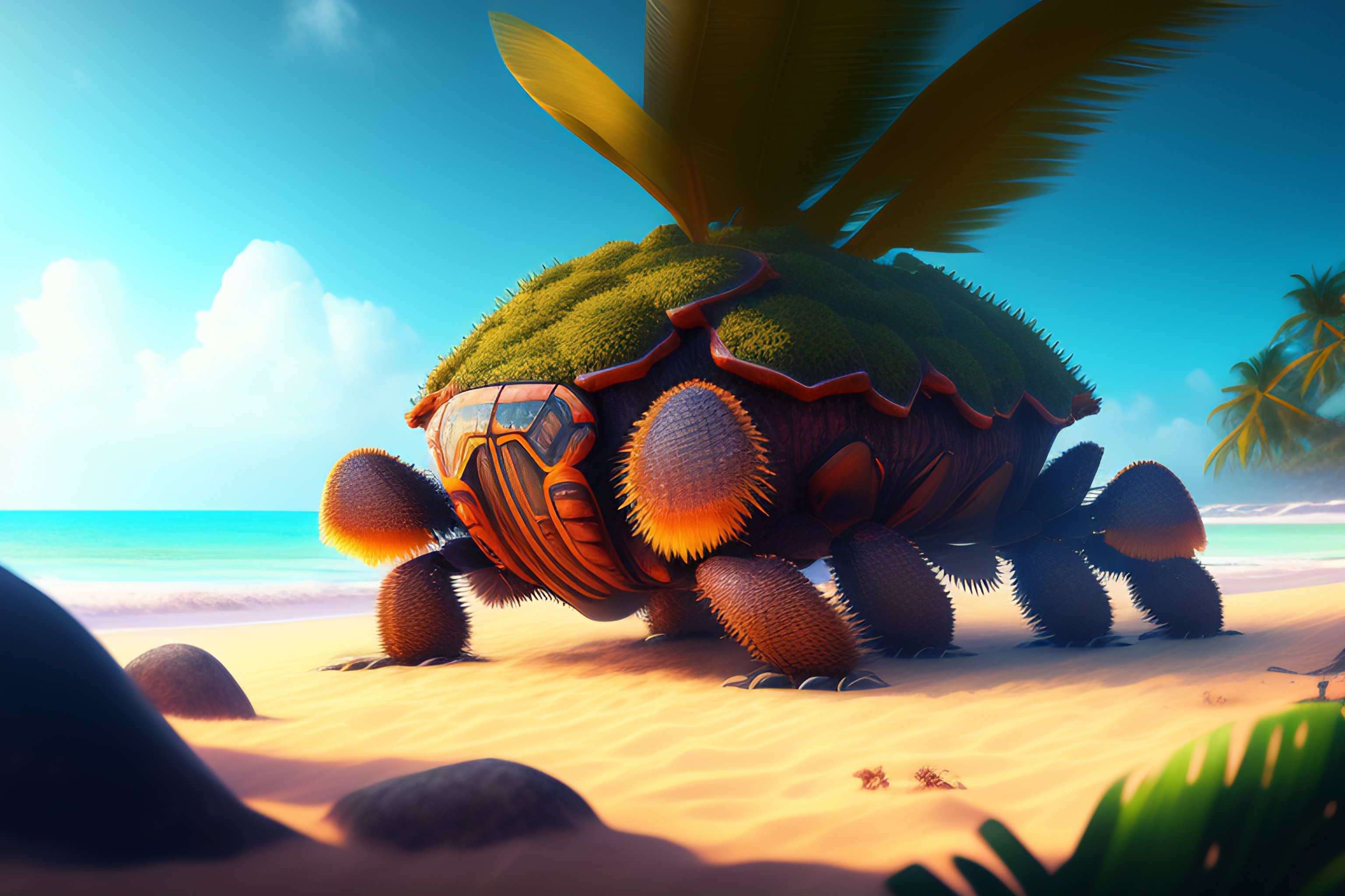 Lexica - Giant coconut crab monster creature on tropical beach sand, greeneries and colorful ...