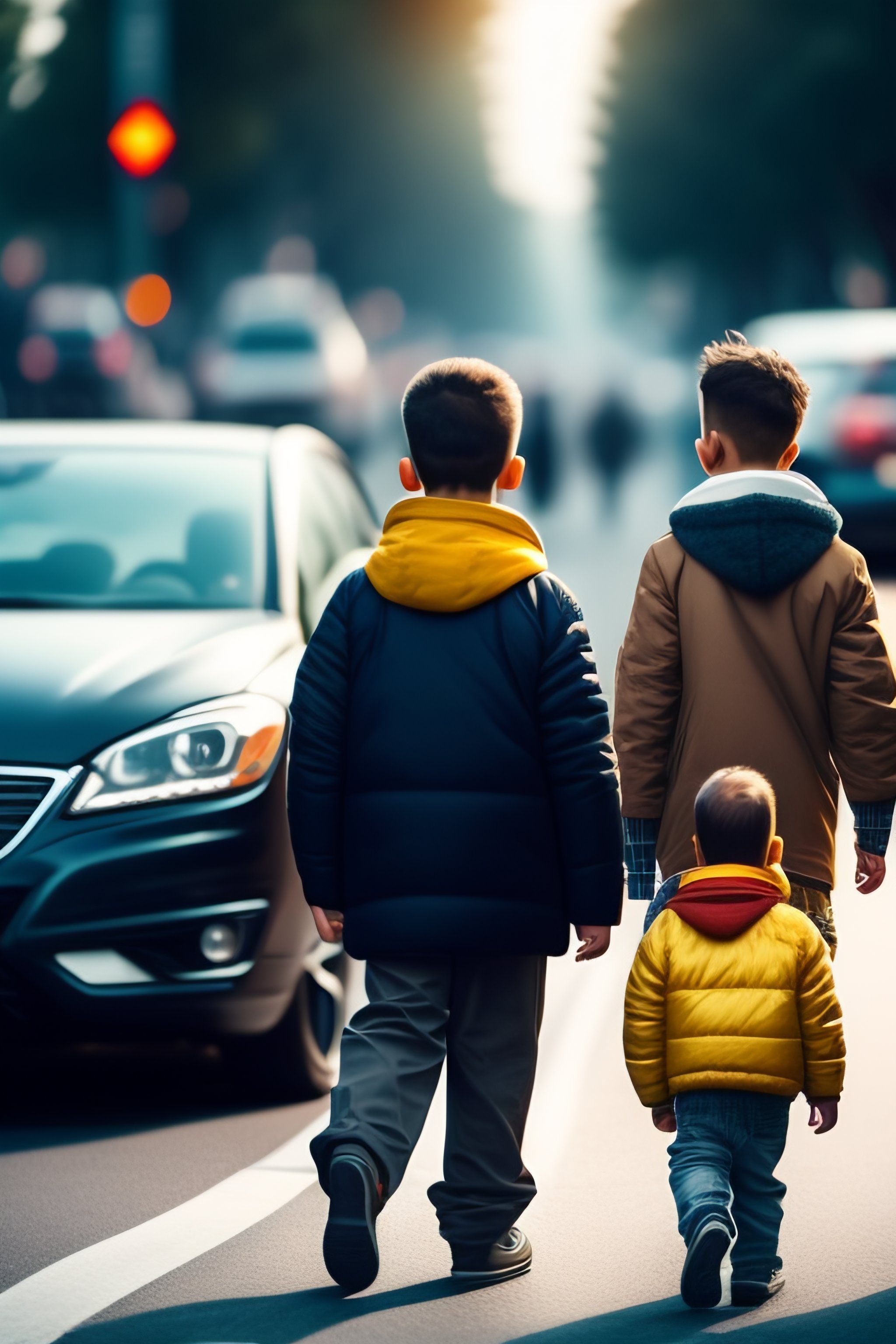 Lexica - A boy helping a man crossing the road in busy traffic