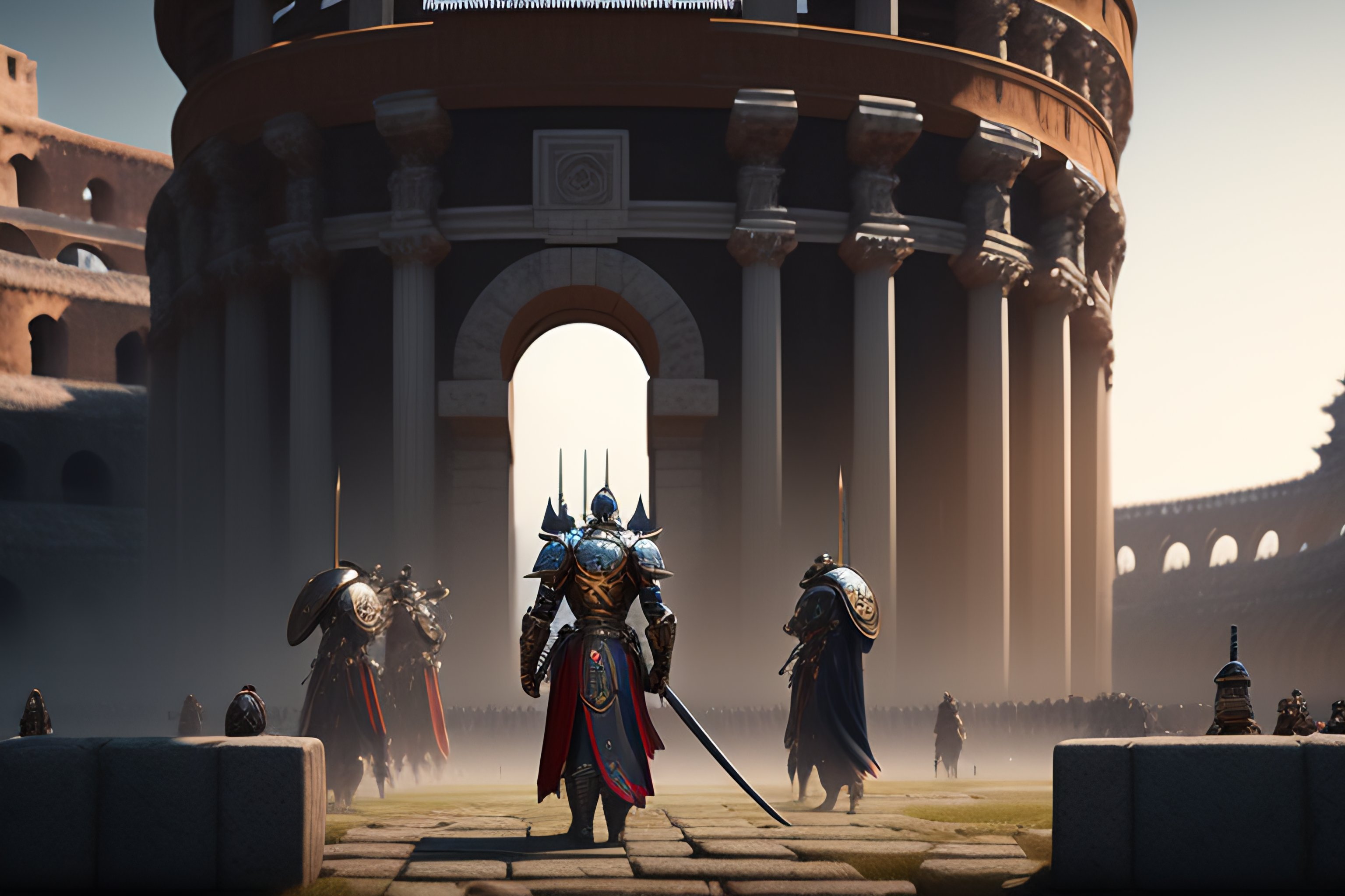 Lexica - A robot with 2 katanas confronting his master inside a roman ...