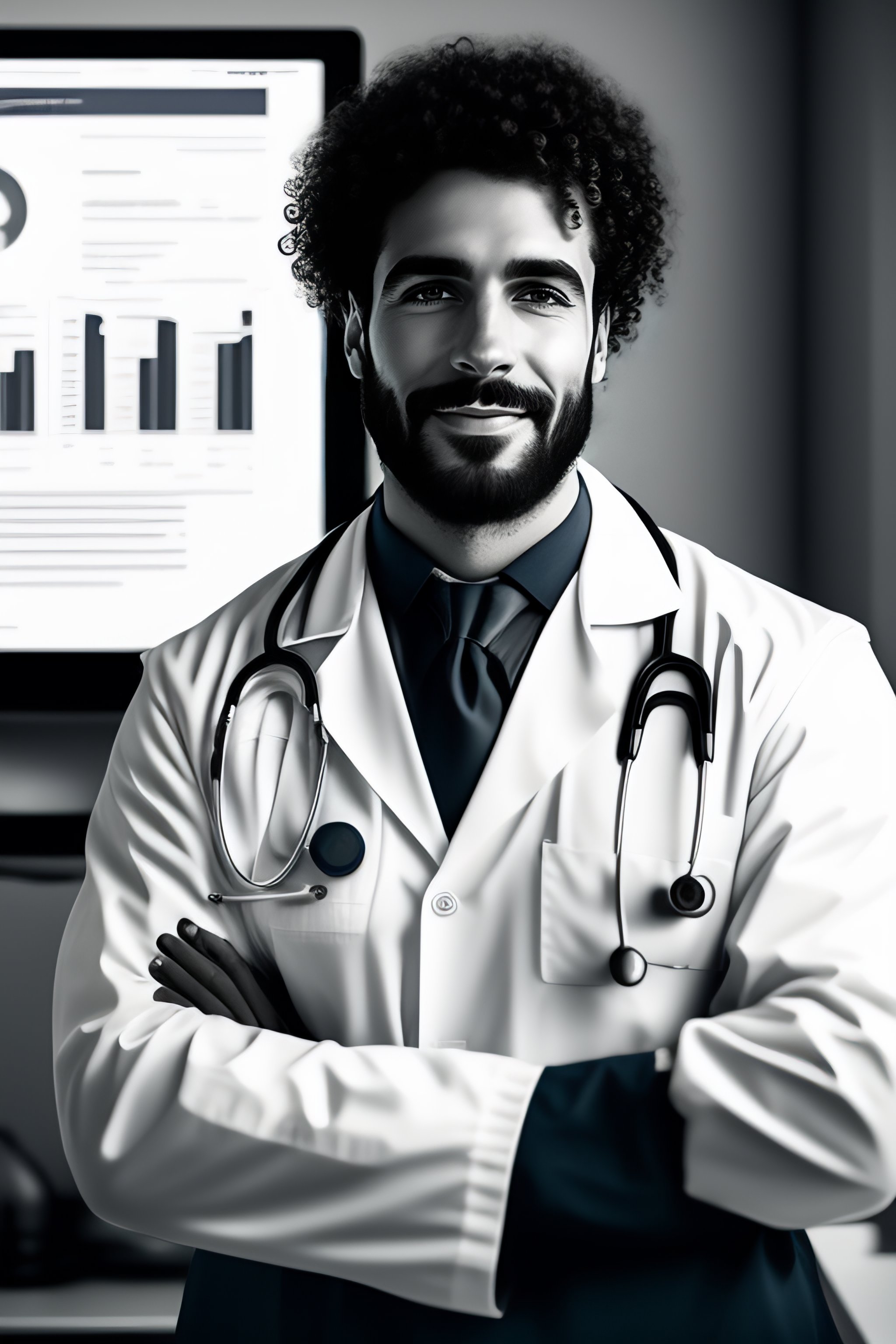 Lexica - Male doctor, rough curly hair, scruffy beard, lab coat, black ...