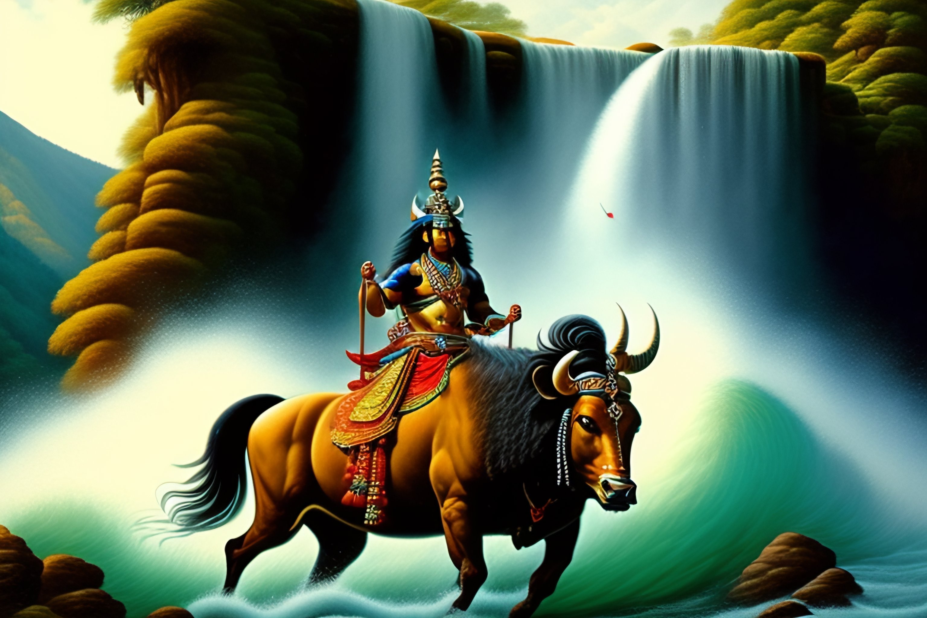 Lexica - Lord Shiva riding his bull under a waterfall. Japanese Art ...