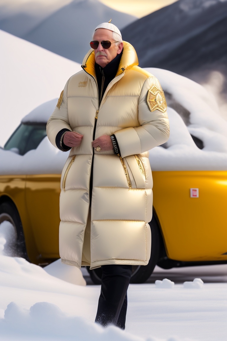 Lexica - The Pope wearing a full length white down shiny puffy jacket ...