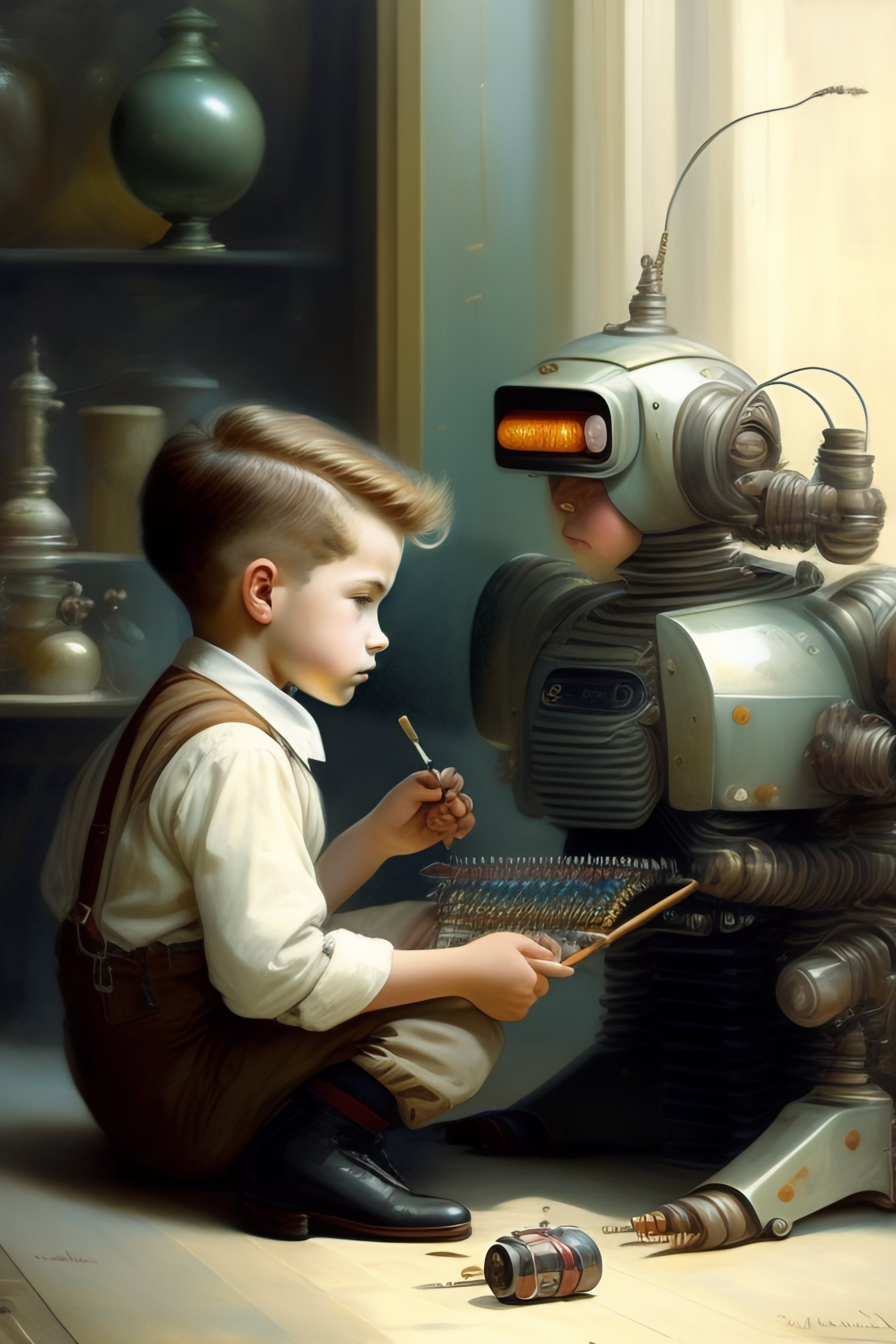 Lexica - ( ( ( ( ( 1 9 5 0 s a boy working on his robot. muted colors ...