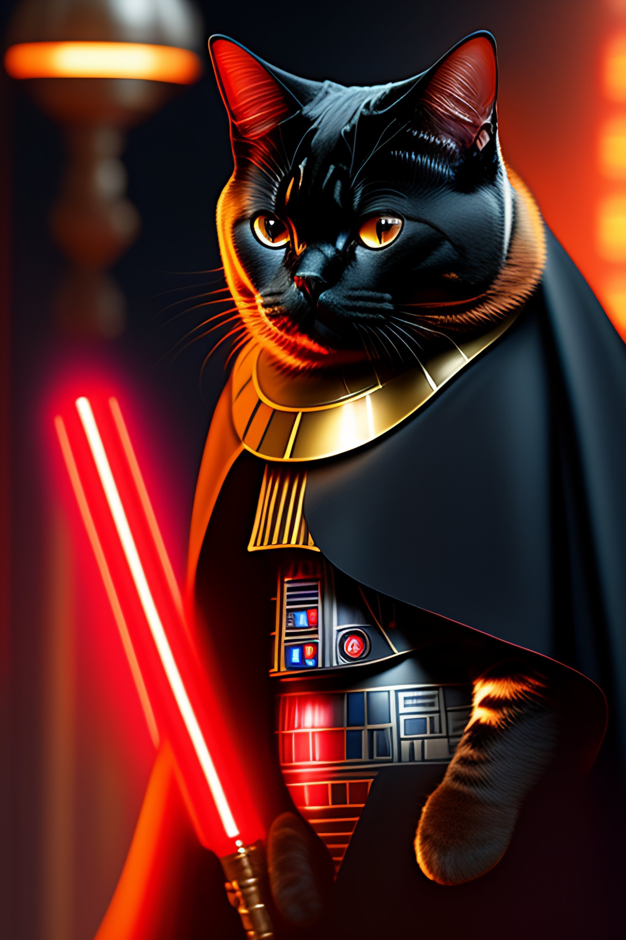 Lexica - Star Wars scene artificial intelligence a british shorthair cat wearing black sith ...