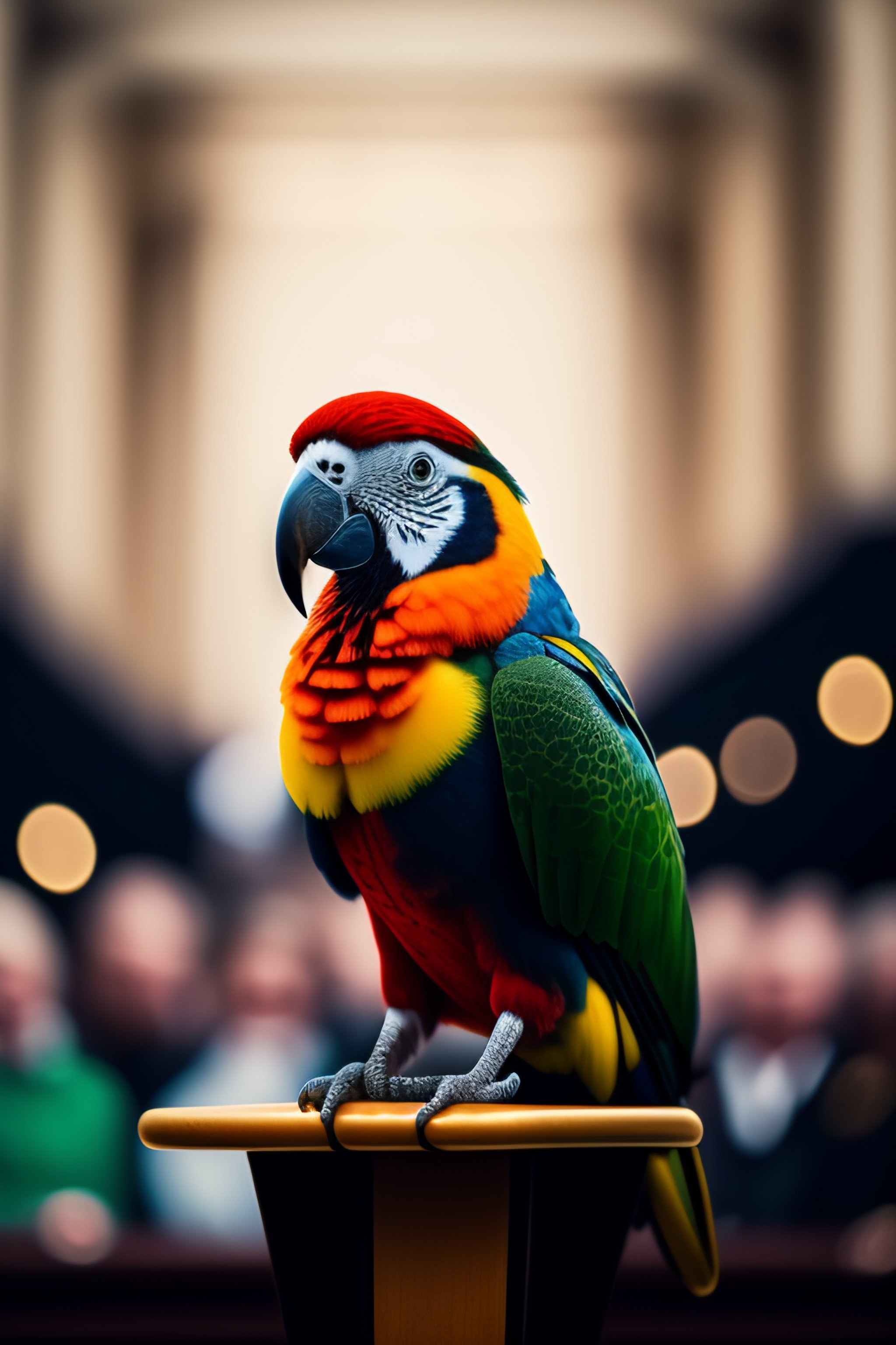Lexica - Portrait of parrot on stage in front of crowd giving a speech