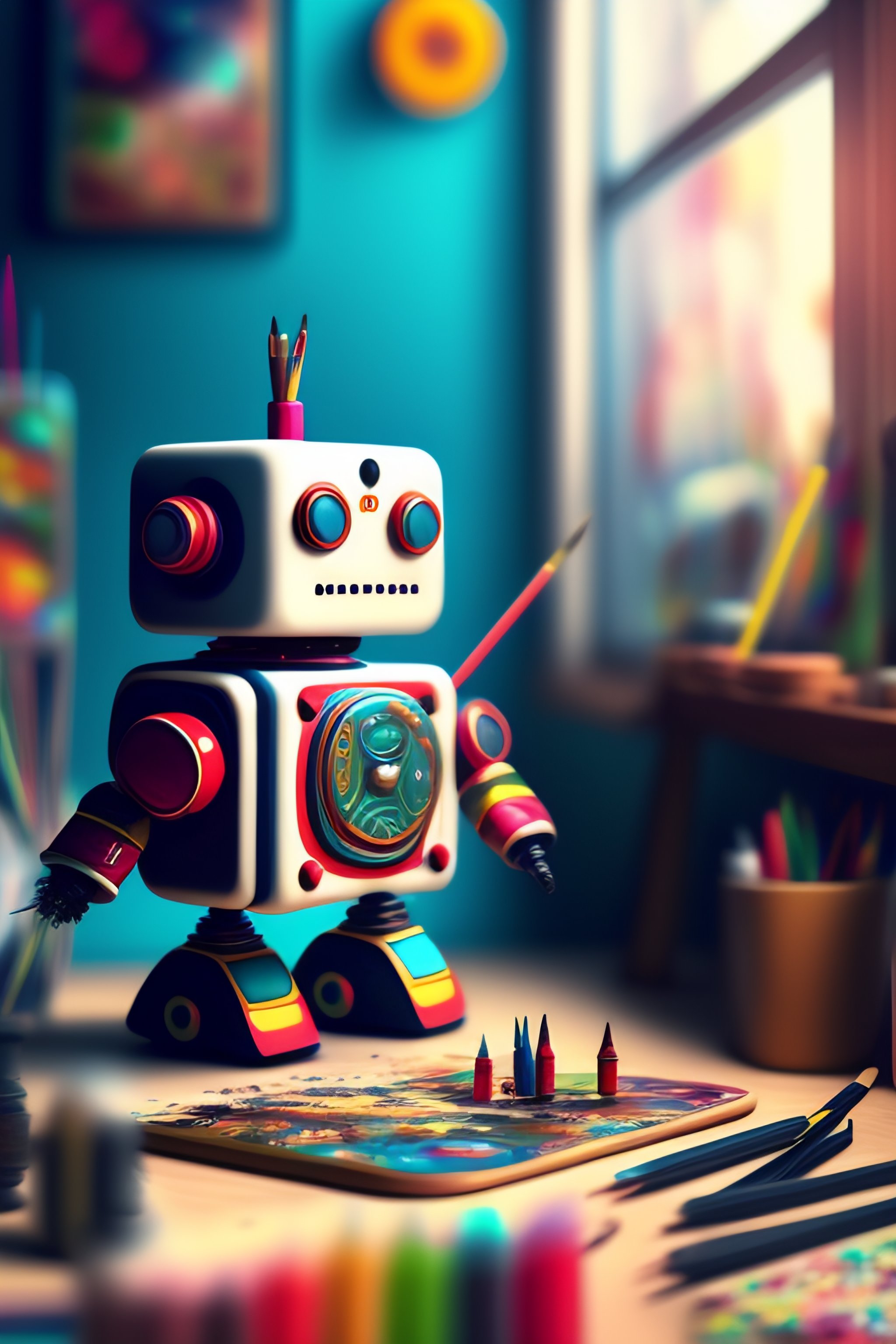 Lexica - A messy, chaotic artist's workshop, inside is a cute robot ...