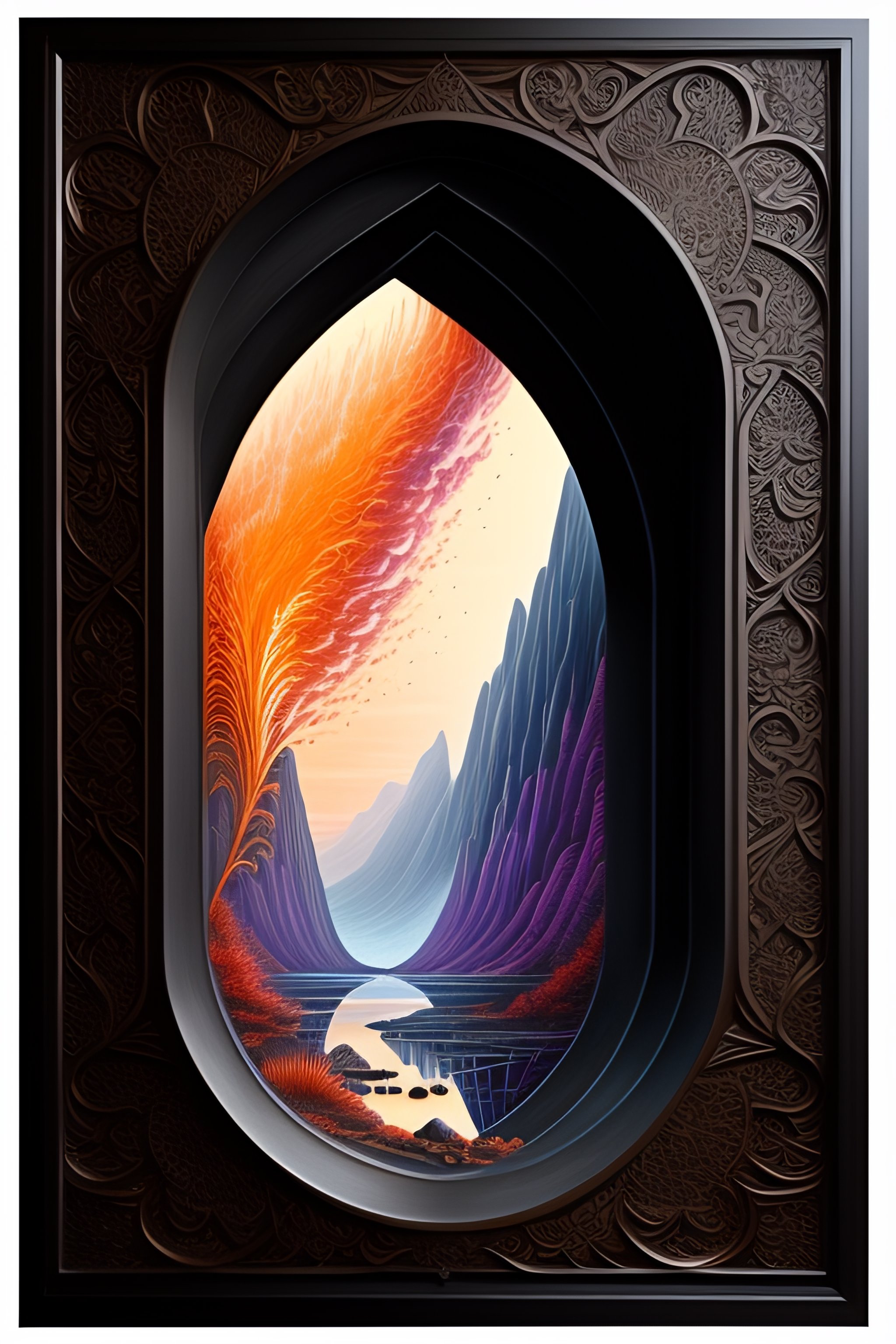 Lexica - Flaming portal, detailed etching, border