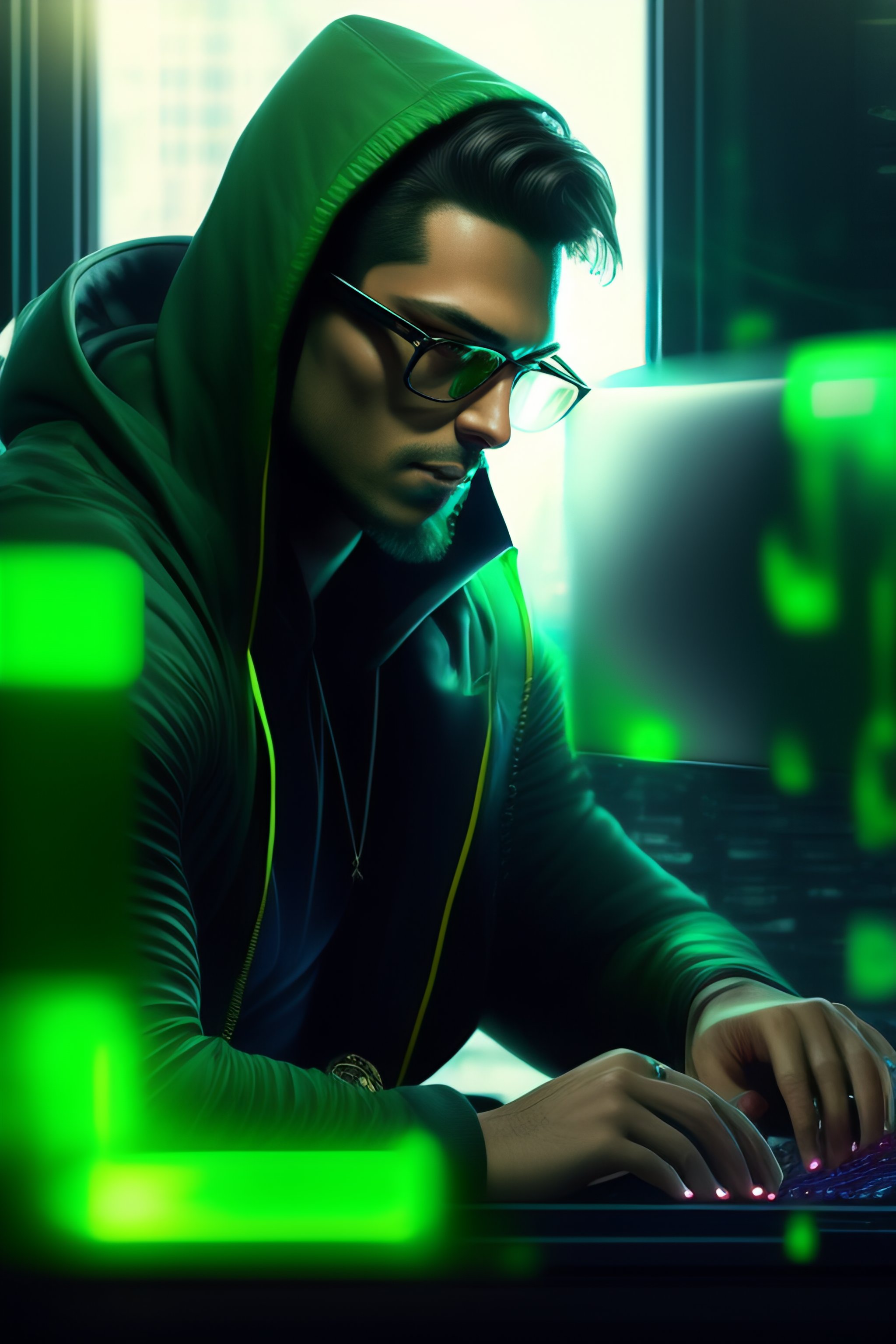 Lexica - A hacker sitting at his computer with green glare by raymond ...