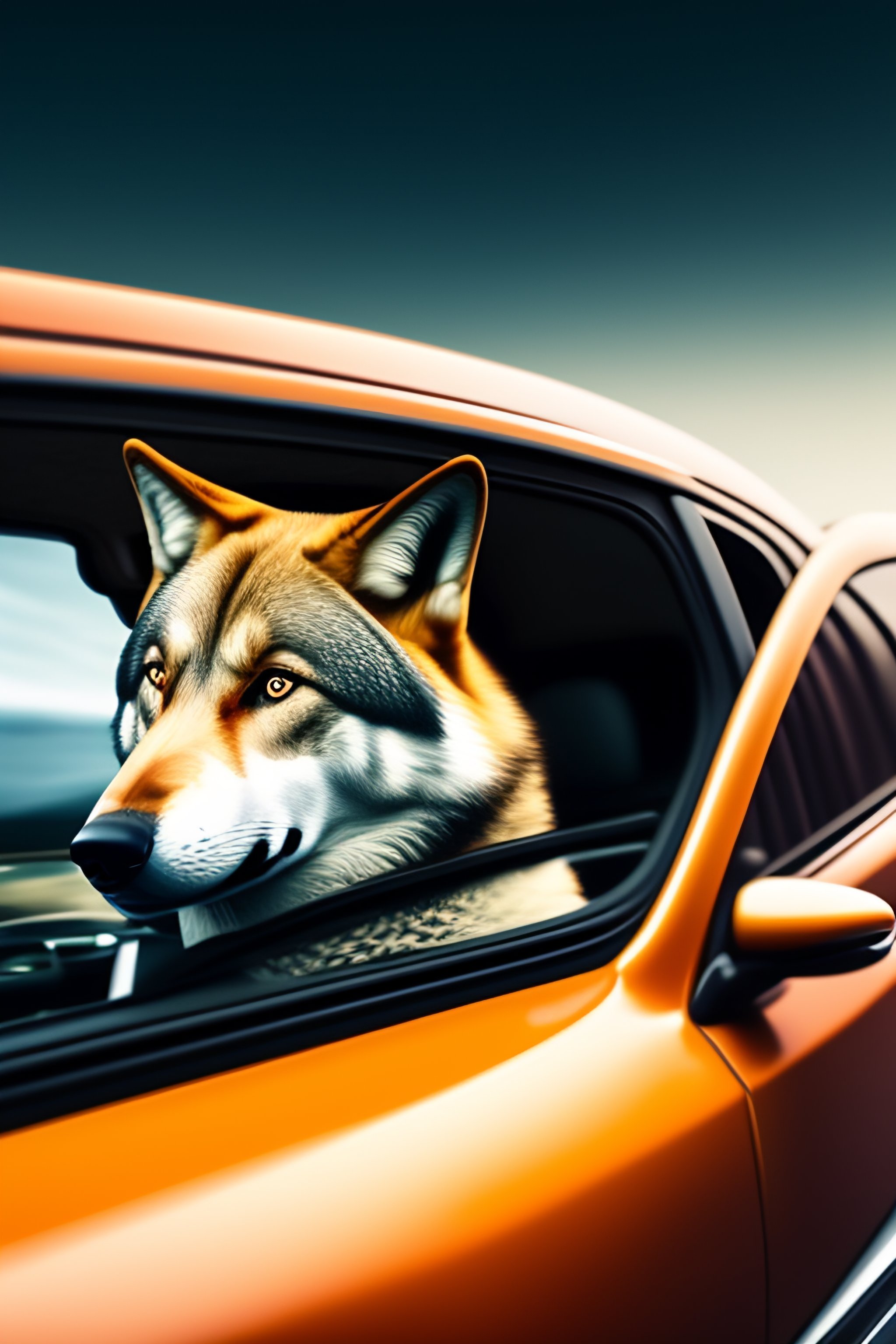 Lexica - A humanized caricature wolf driving inside a car,