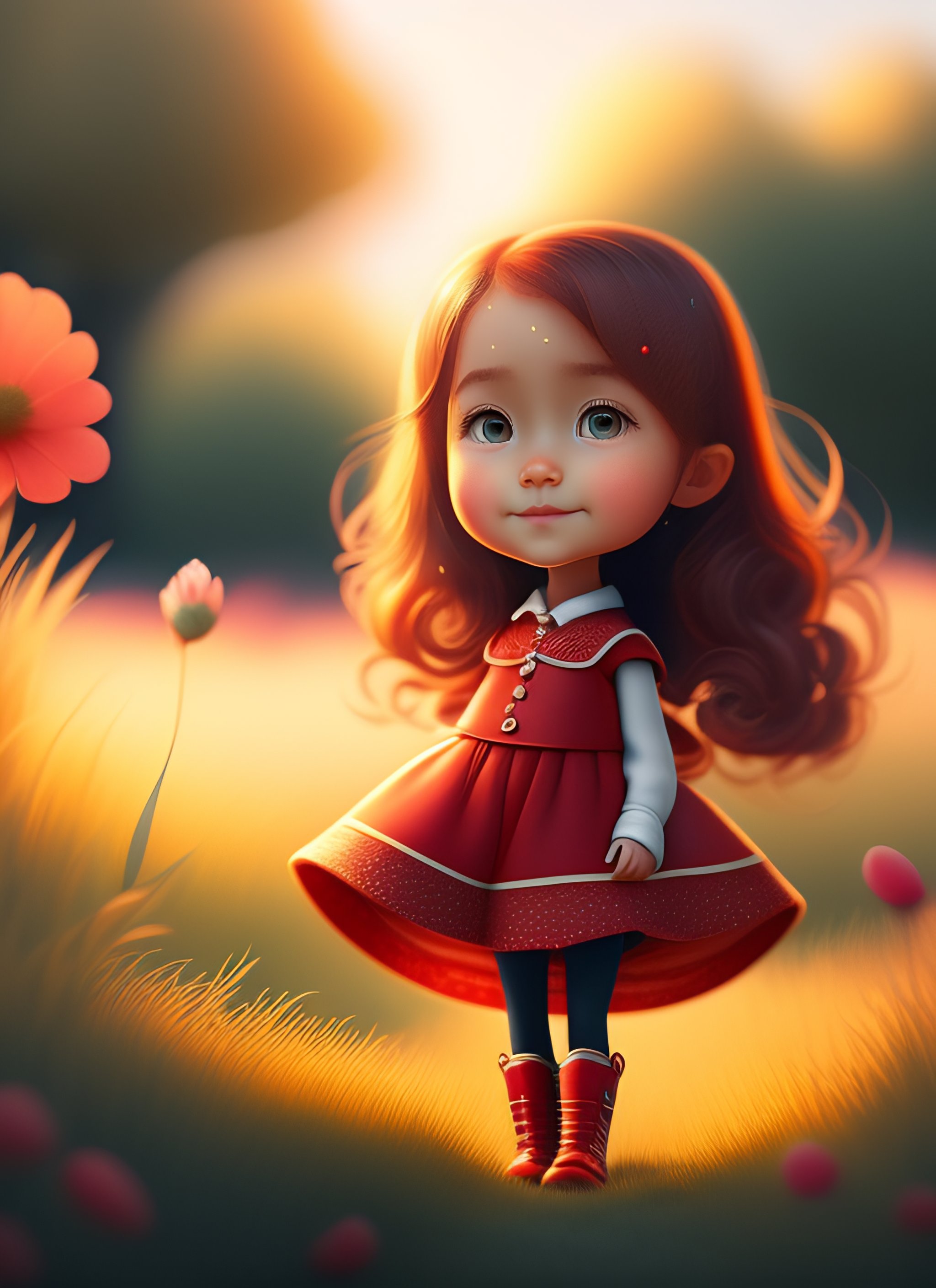 Lexica - View of gorgeous meadow with 2 year old lhappy girl in red ...