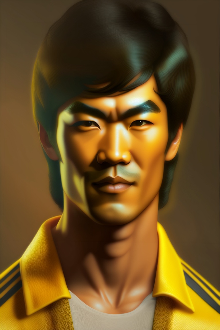 Lexica - Bruce Lee, 4K, Realistic, Look at camera, yellow shirt