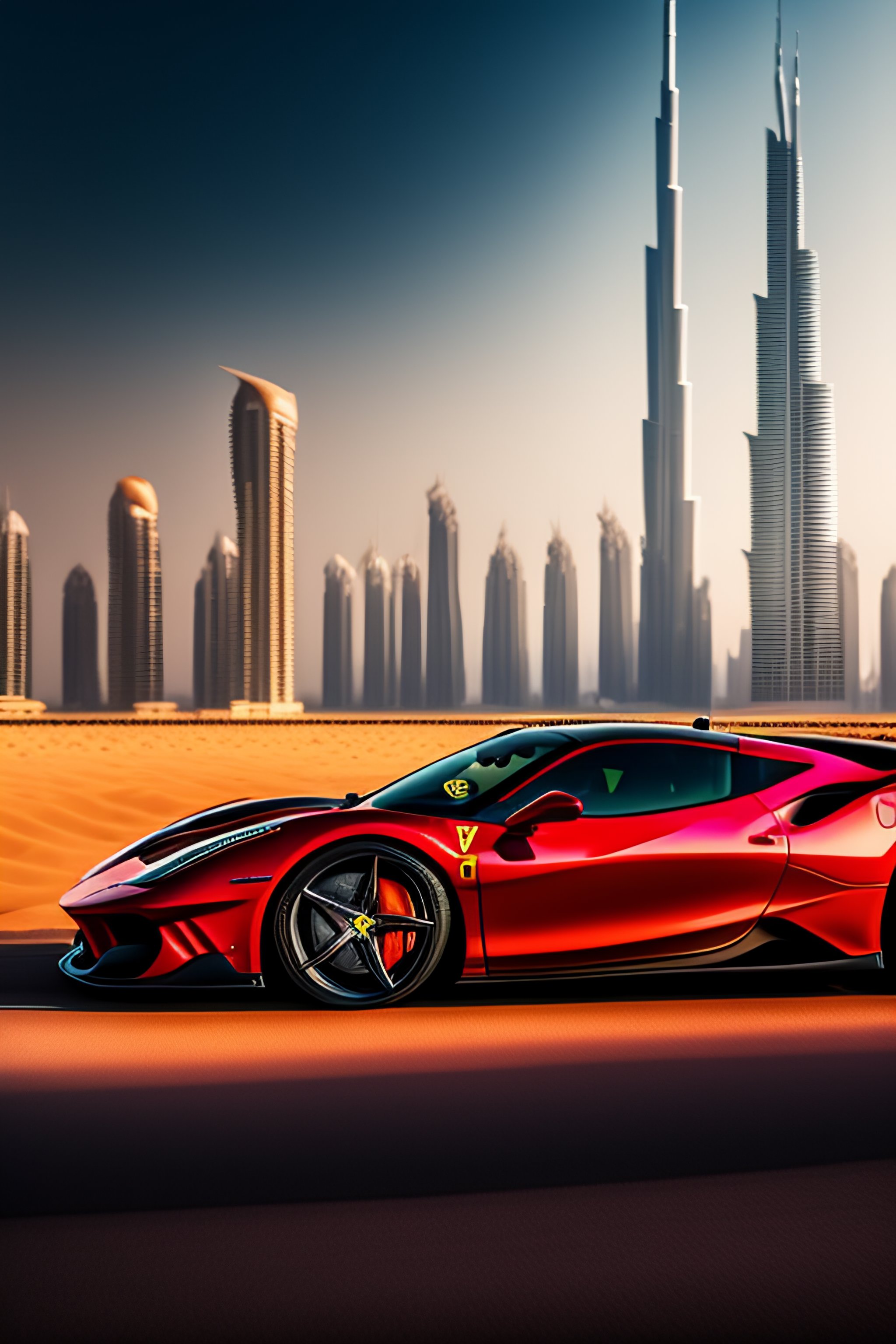 Lexica - Red Ferrari drifting in a dessert in Dubai with skyscrapers in ...