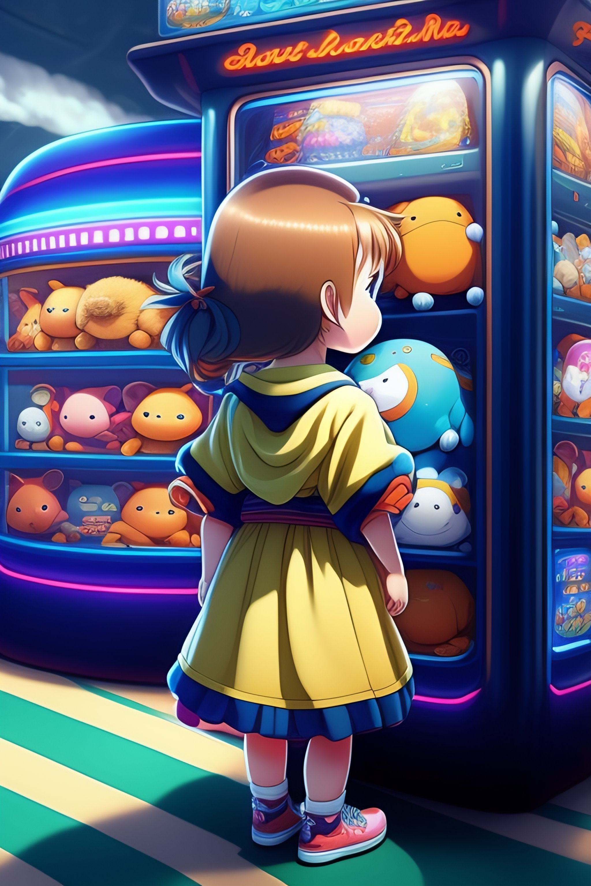 Lexica - Little girl in Sloth costume standing in front of claw machine ...