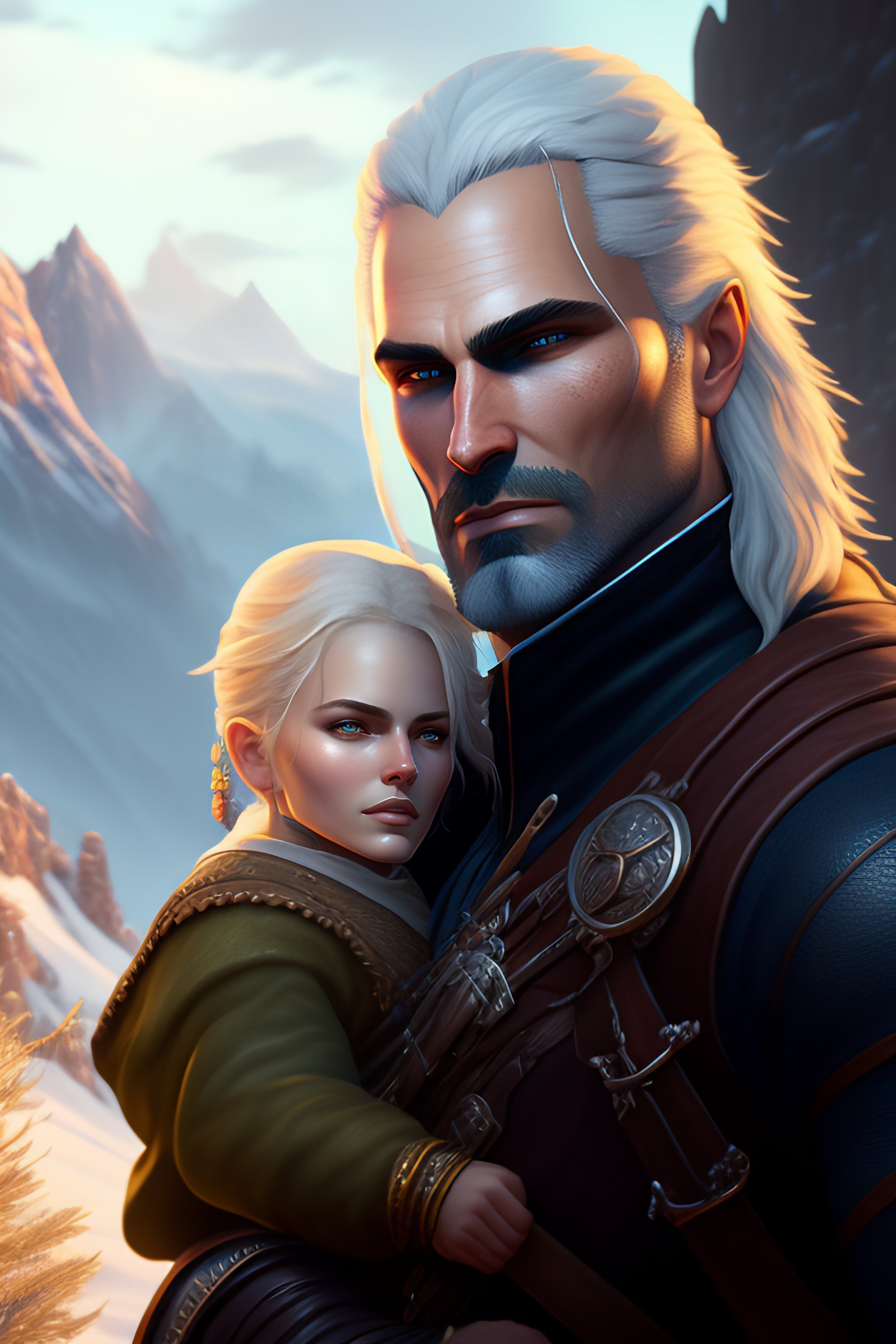 Lexica - Highly detailed portrait of geralt of rivia holding a ciri who is holding their child ...