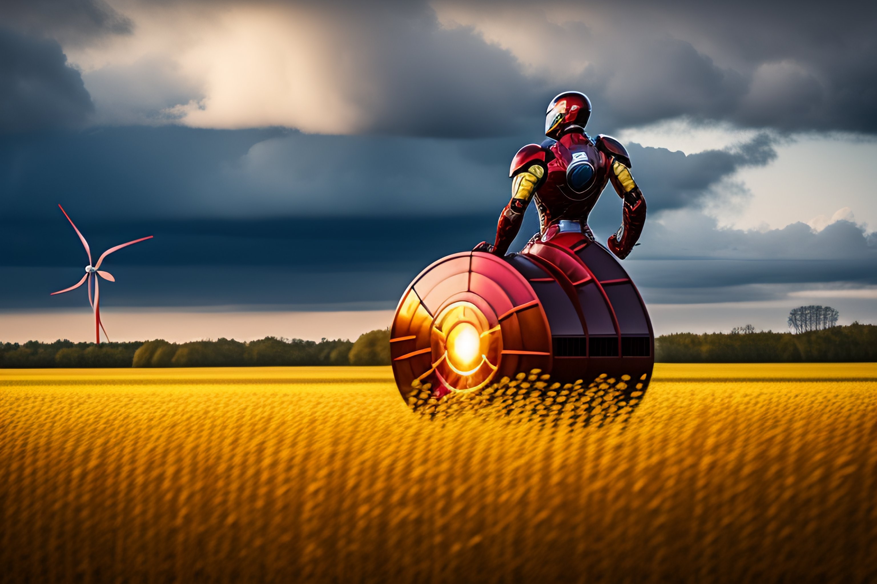 Lexica - Iron man flying through a field of windmills